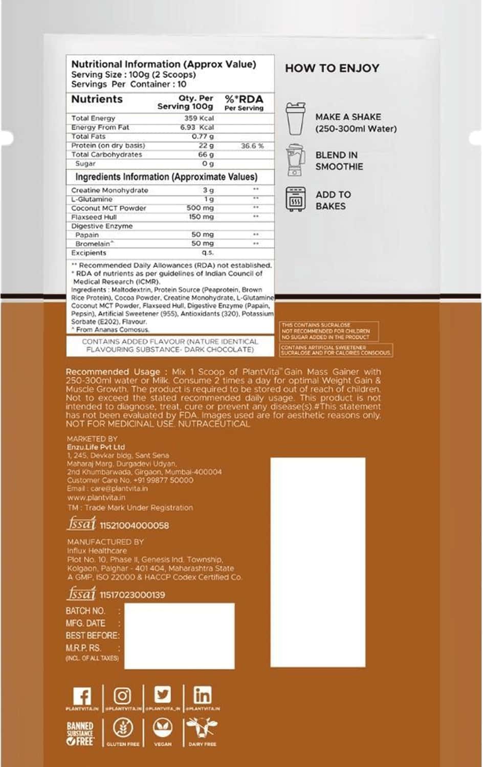 Buy PLANTVITA GAIN MASS GAINER - 50G X 7 SACHETS DARK CHOCOLATE Online ...