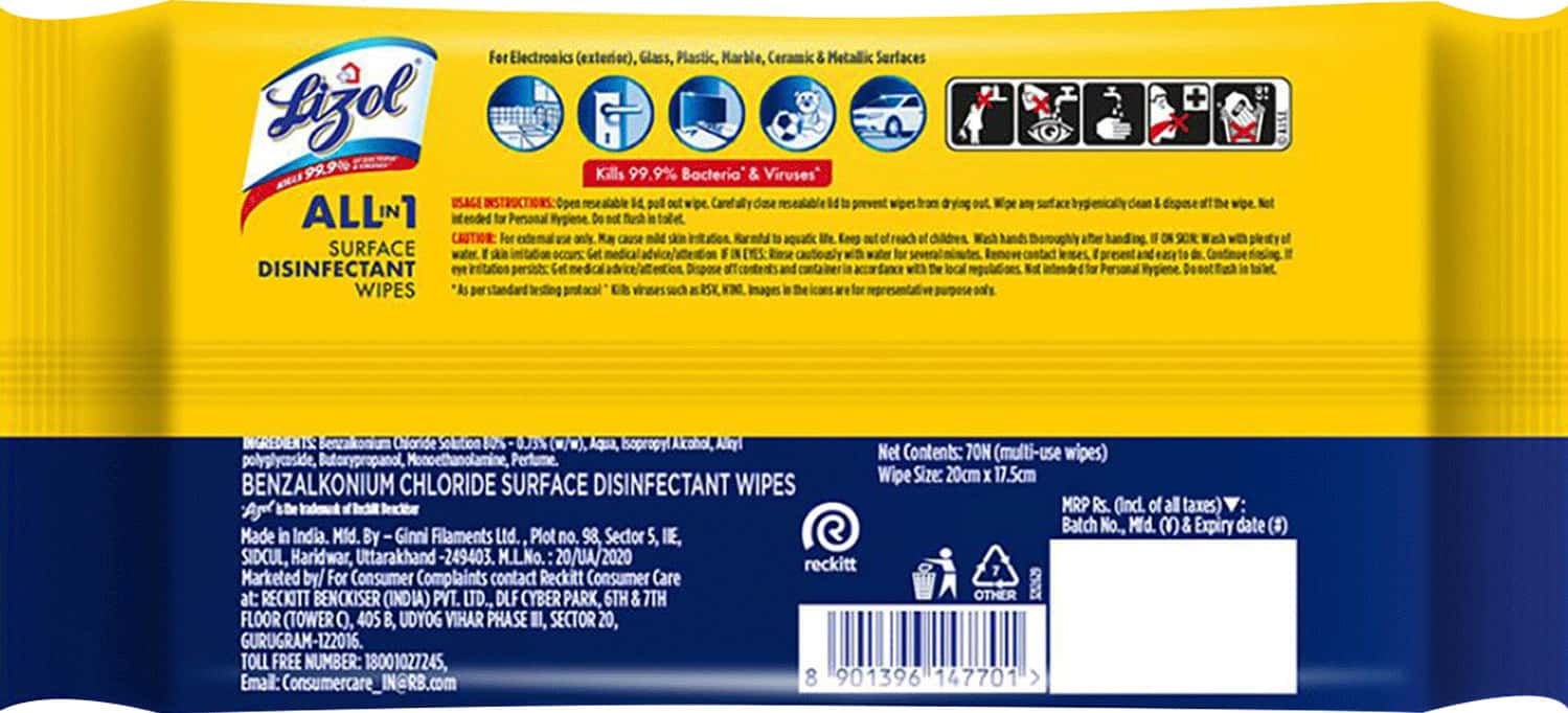 Buy LIZOL ALL-IN-1 SURFACE DISINFECTANT WIPES LEMON - 70 COUNT Online ...