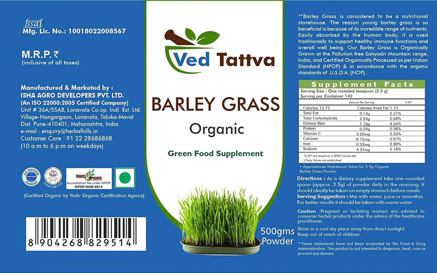 Buy VED TATTVA BARLEY GRASS POWDER 500 GMS PURE & NATURAL GREEN FOOD ...