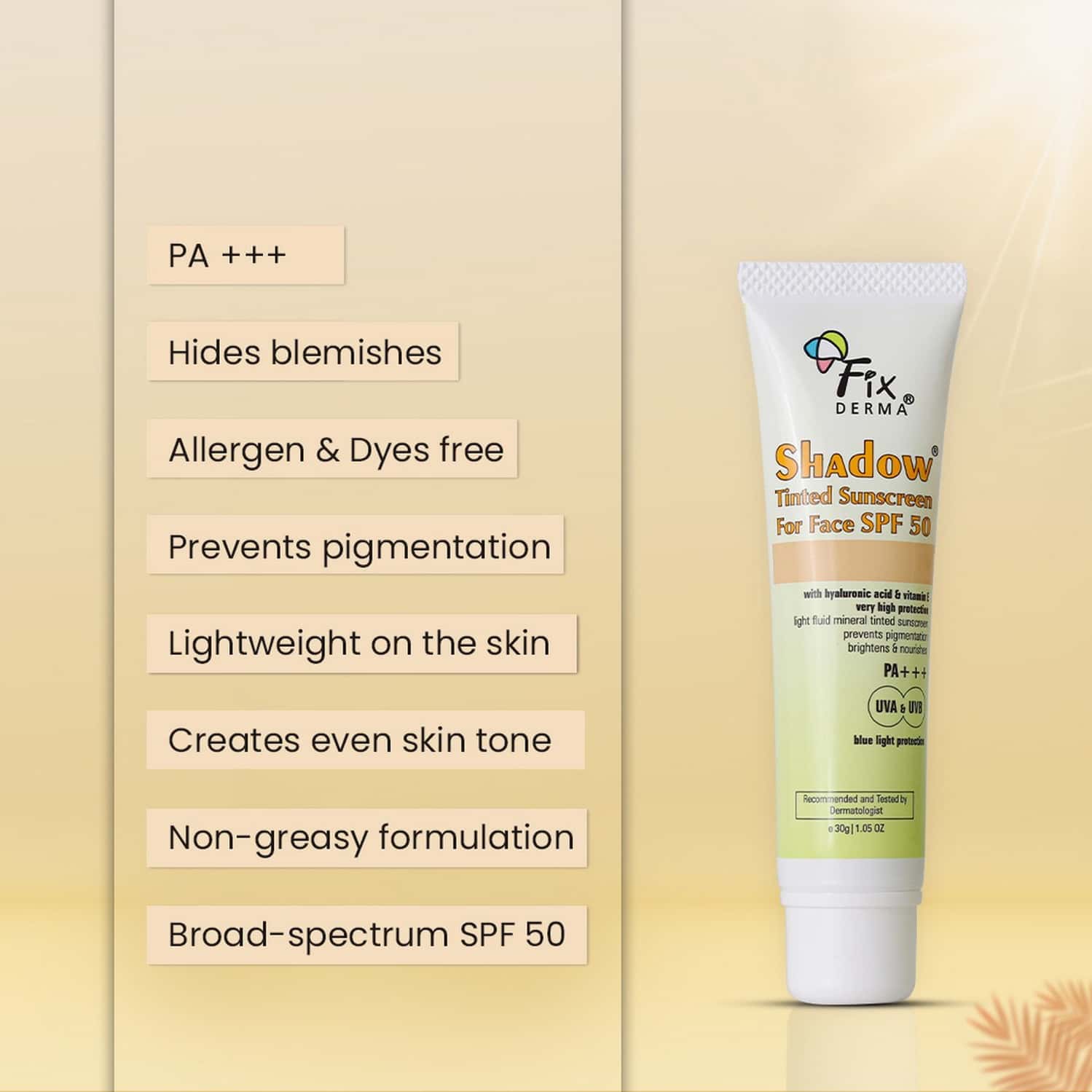Buy FIXDERMA SHADOW TINTED SUNSCREEN SPF 50, SUNSCREEN WITH VITAMIN E ...