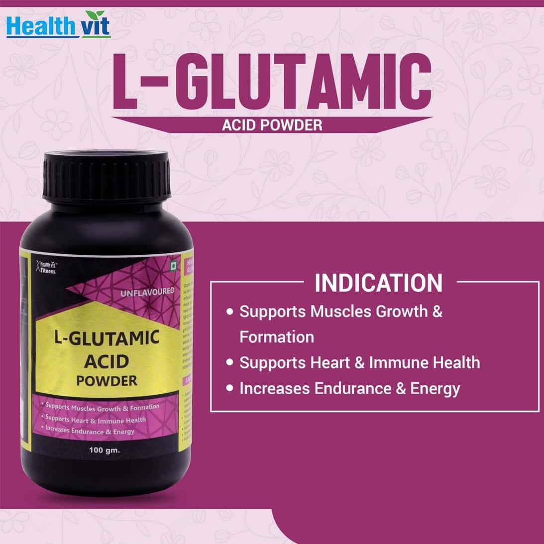 Buy HEALTHVIT FITNESS L - GLUTAMIC ACID POWDER - UNFLAVOURED -100GM ...