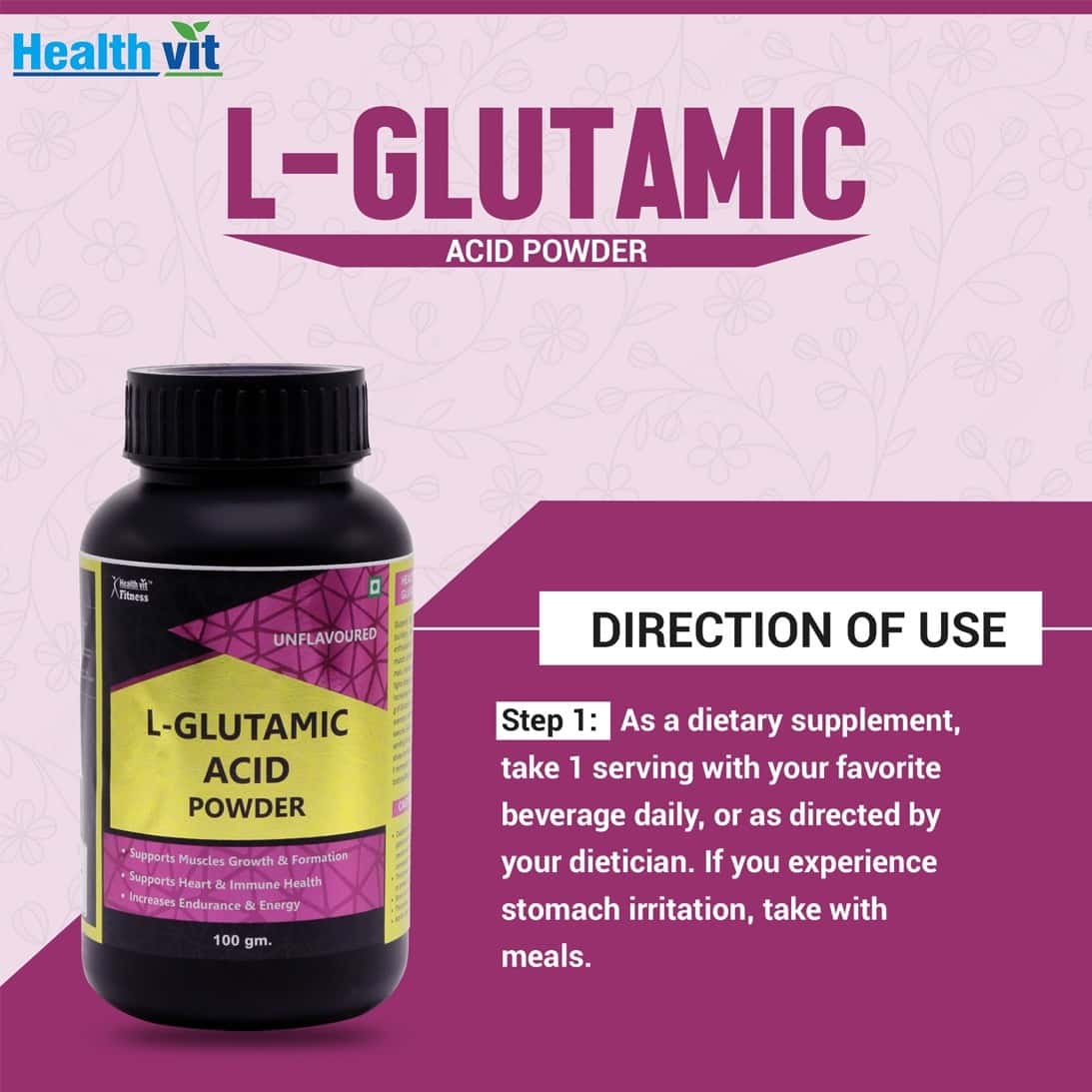 Buy HEALTHVIT FITNESS L - GLUTAMIC ACID POWDER - UNFLAVOURED -100GM ...