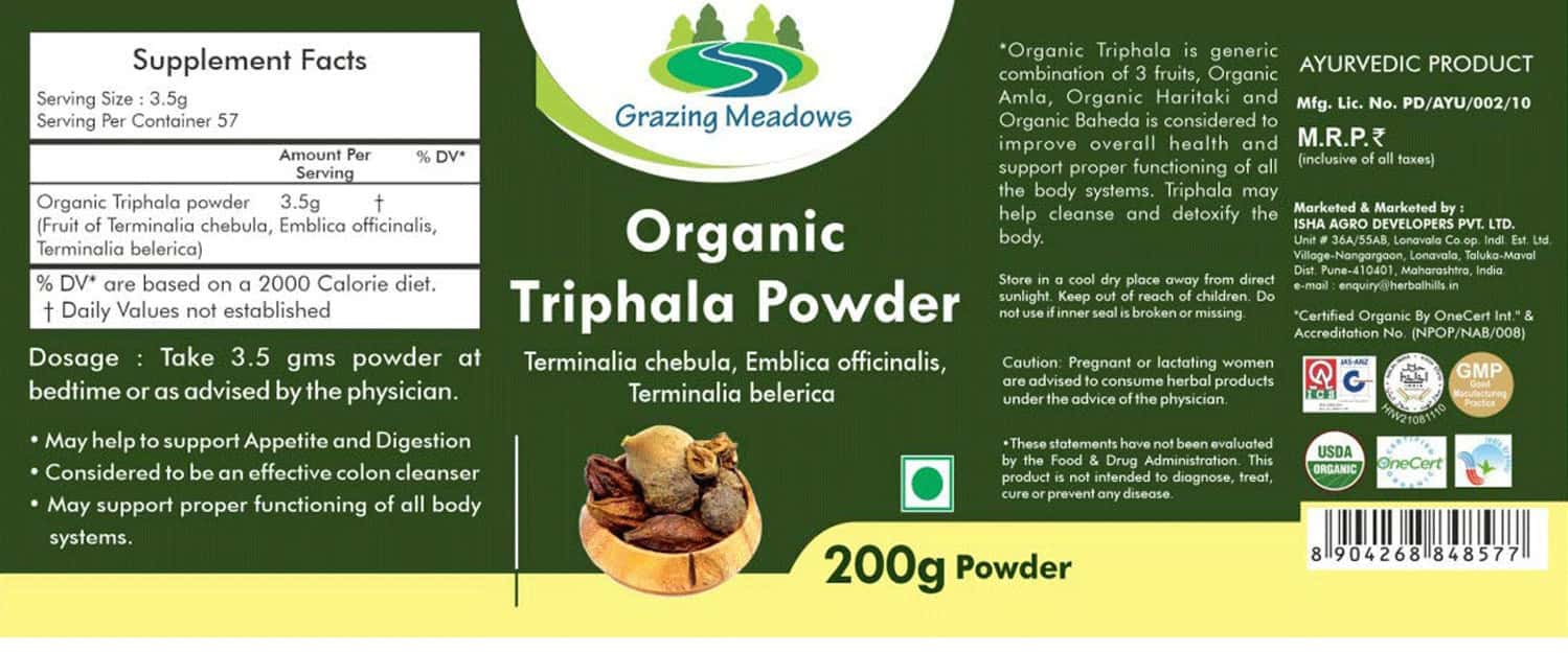 Buy GRAZING MEADOWS ORGANIC TRIPHALA POWDER 200GMS (AMLA HARDE BAHEDA ...