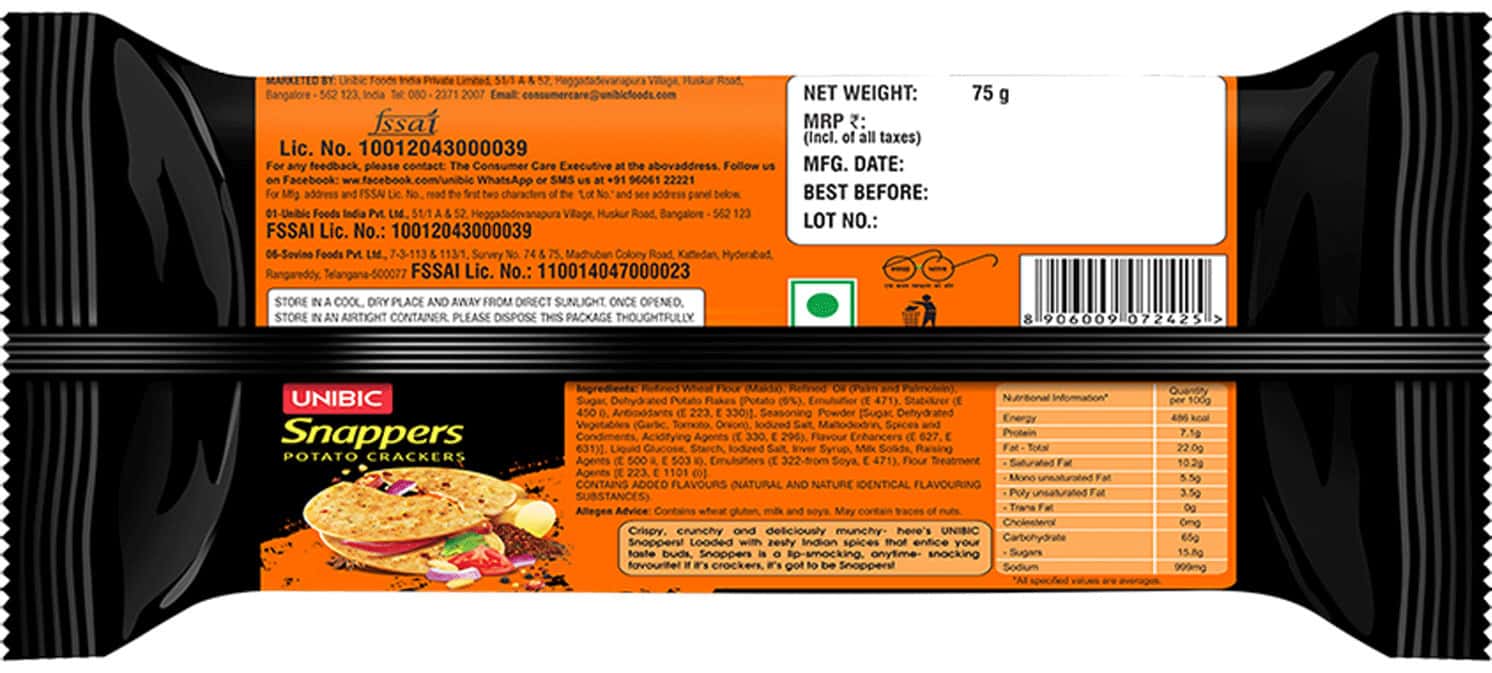 Buy UNIBIC SNAPPERS POTATO CRACKERS : INDI SPICE 75GM Online & Get Upto ...