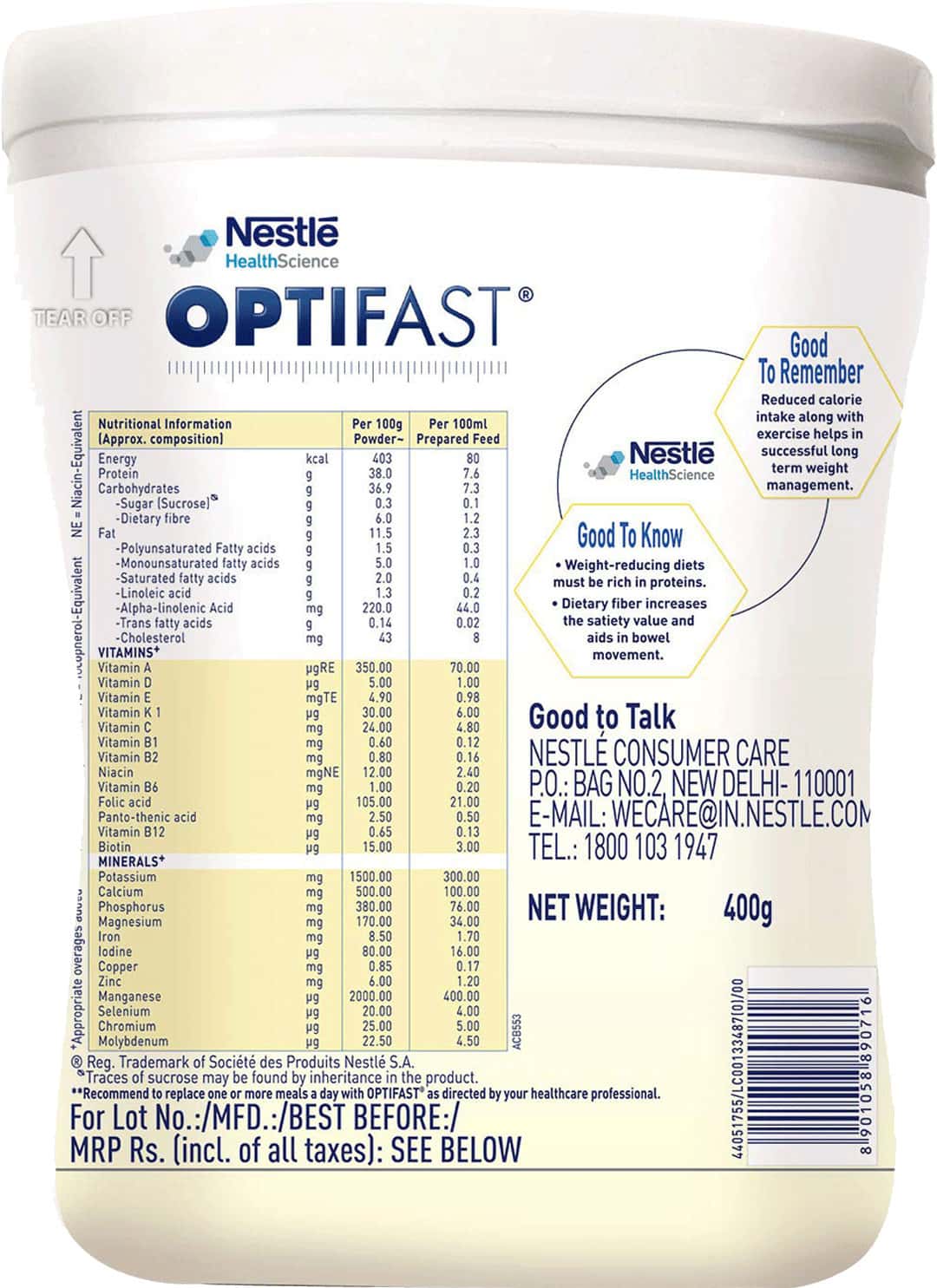 Buy NESTLE OPTIFAST SCIENTIFICALLY DESIGNED WEIGHT LOSS DIET 400G PET ...