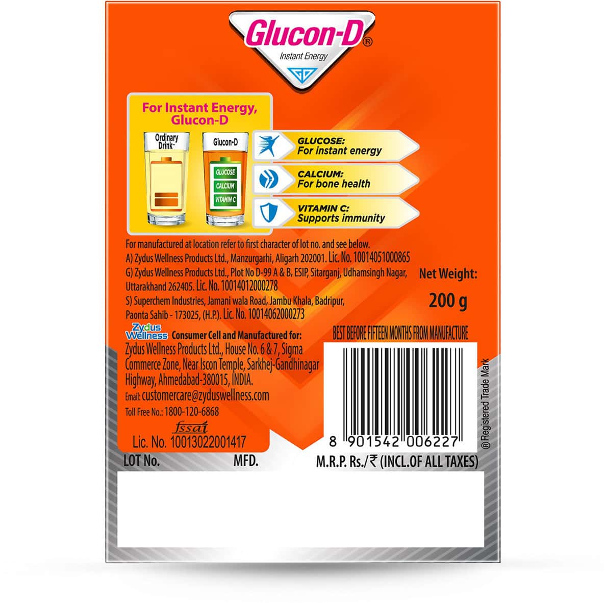 Buy GLUCON-D INSTANT ENERGY HEALTH DRINK TANGY ORANGE - 200GM REFILL ...