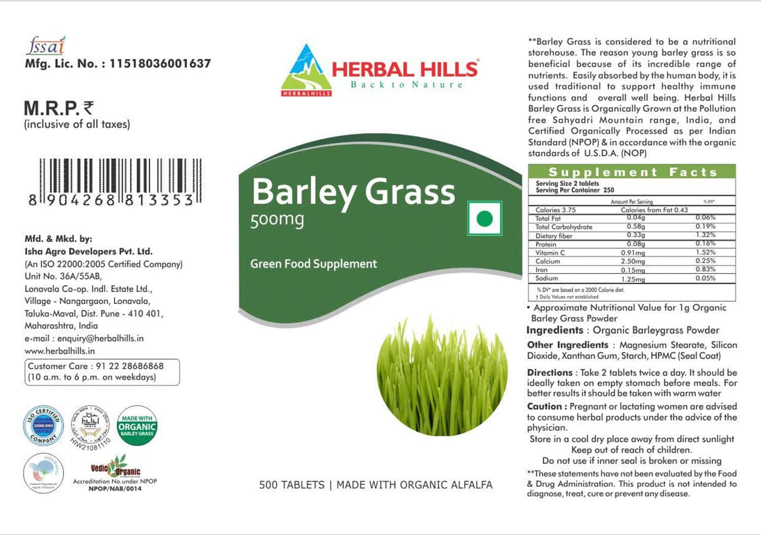 Buy HERBAL HILLS ORGANIC BARLEY GRASS TABLETS - 500 COUNT Online & Get ...