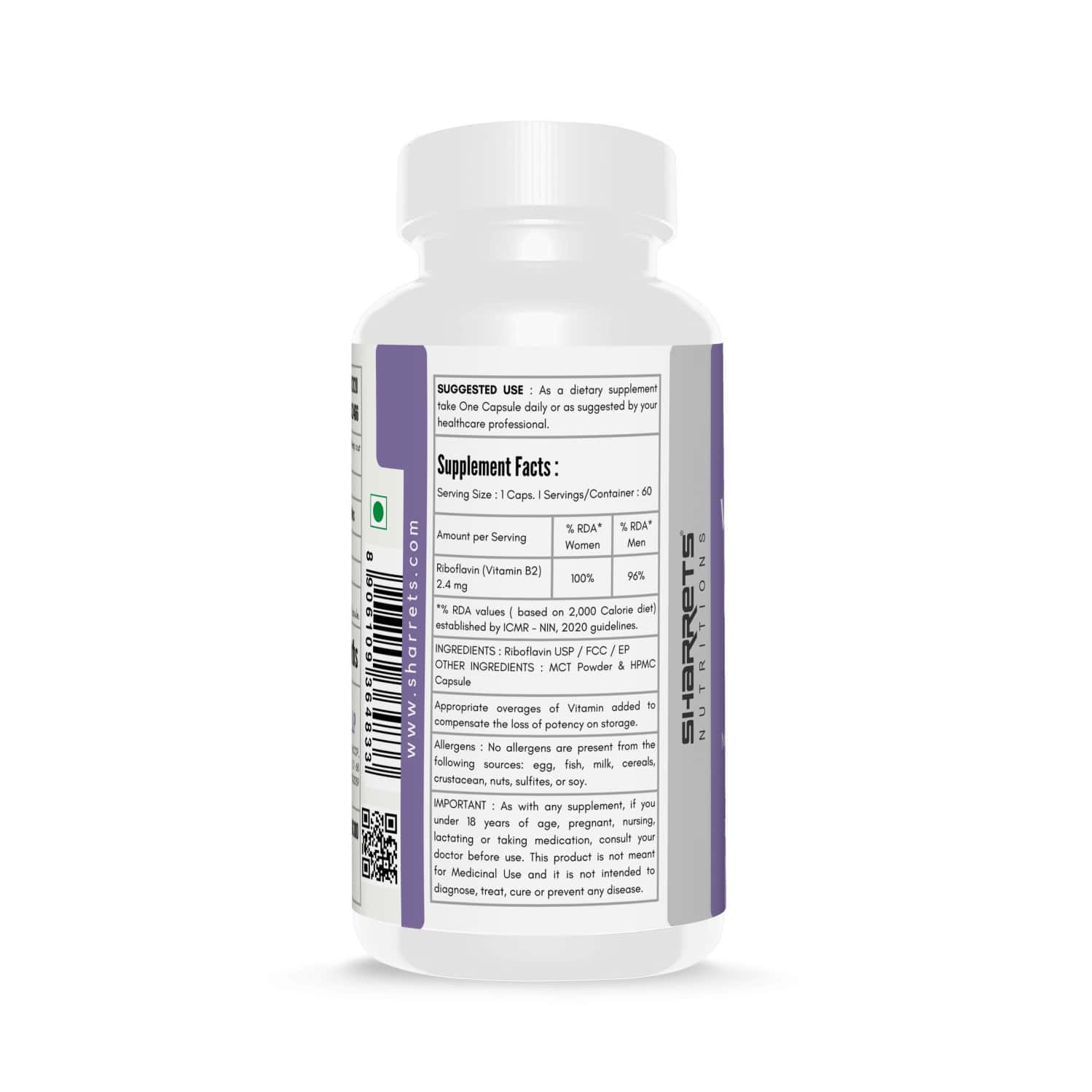 Buy SHARRETS VITAMIN B2 RIBOFLAVIN SUPPLEMENT 60 CAPSULES Online & Get ...
