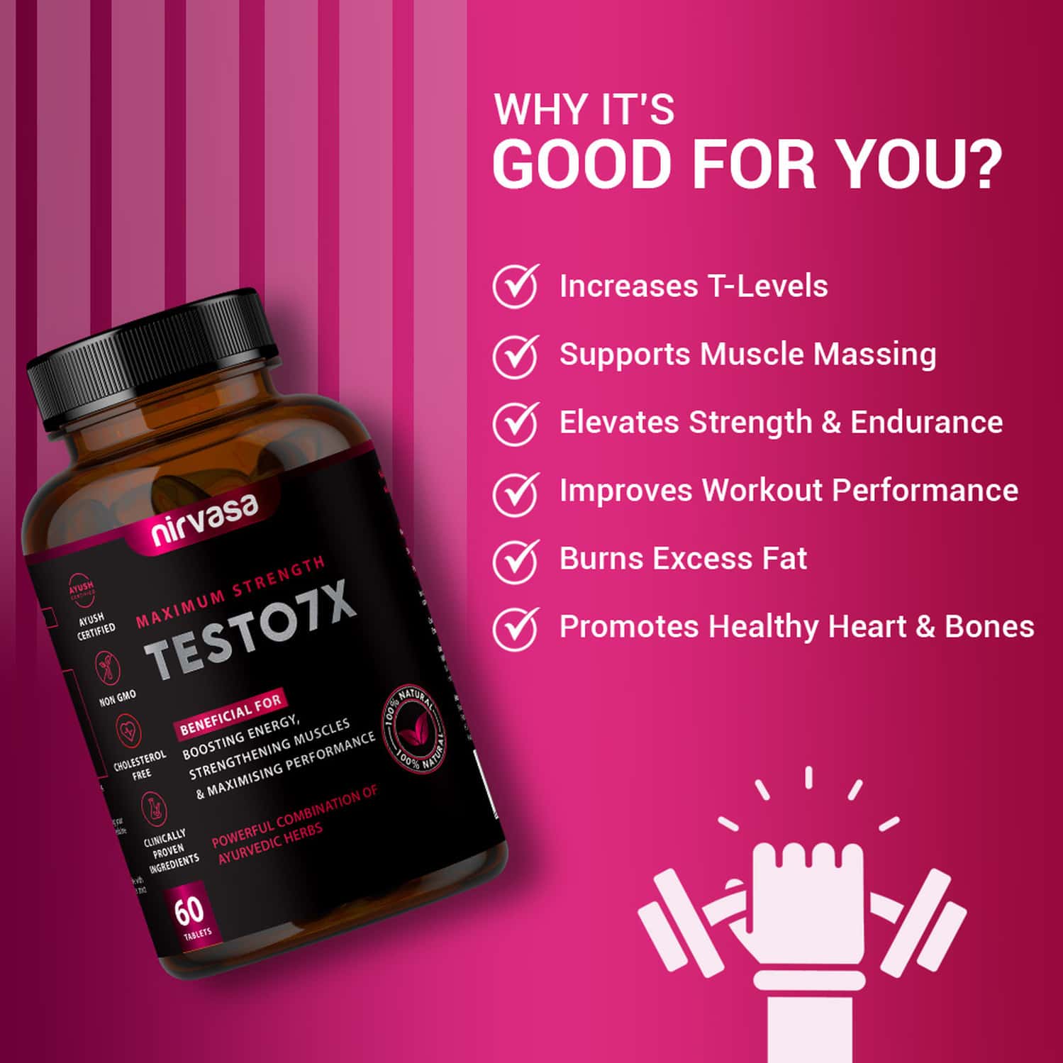 Buy NIRVASA TESTO7X TABLET, FOR STAMINA, PERFORMANCE AND BOOSTS T-LEVEL ...