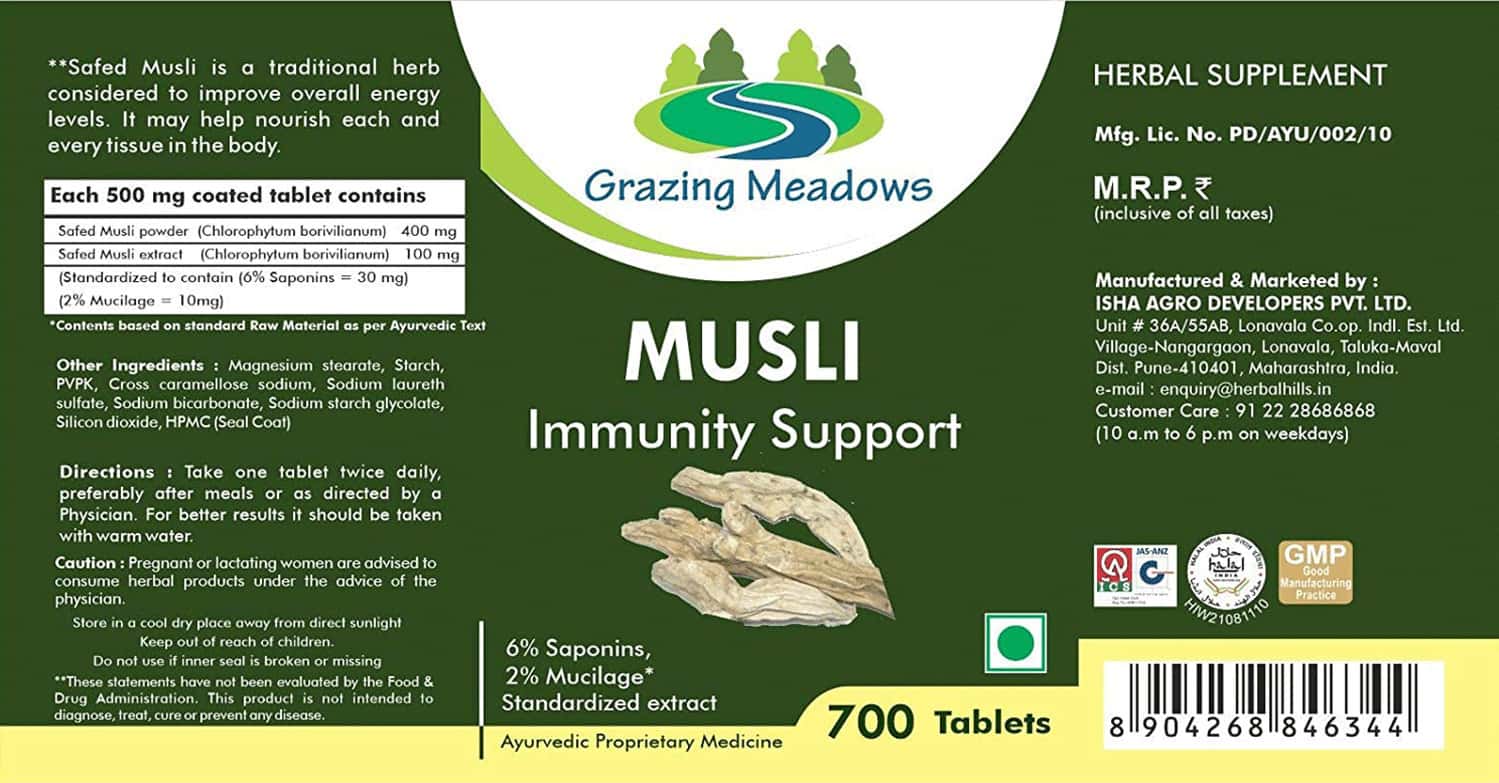 Buy GRAZING MEADOWS MUSLI TABLETS SAFED MUSLI 700 TABLETS/MUSALI POWDER ...