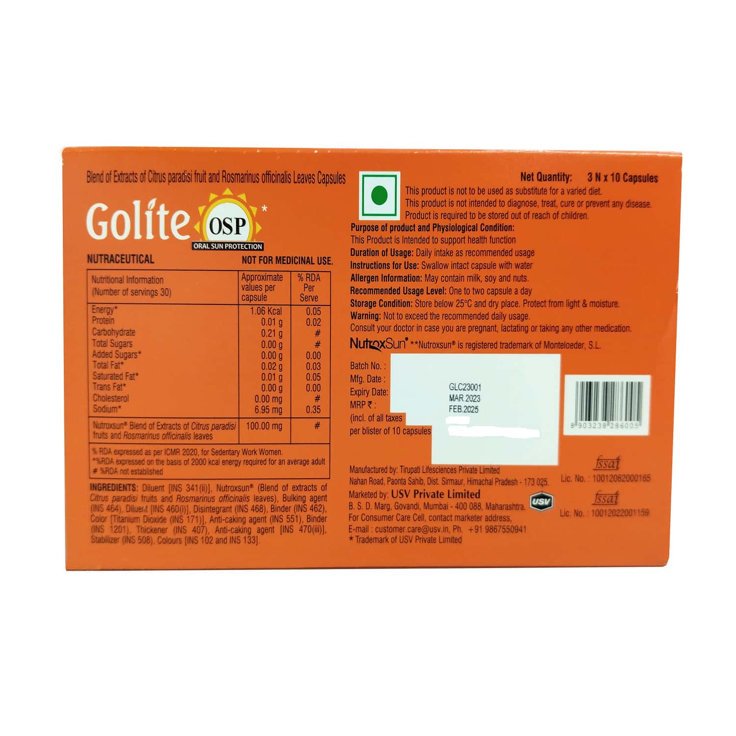 Buy GOLITE OSP ORAL SUN PROTECTION CAPSULES - STRIP OF 10 CAPSULES X 3N ...