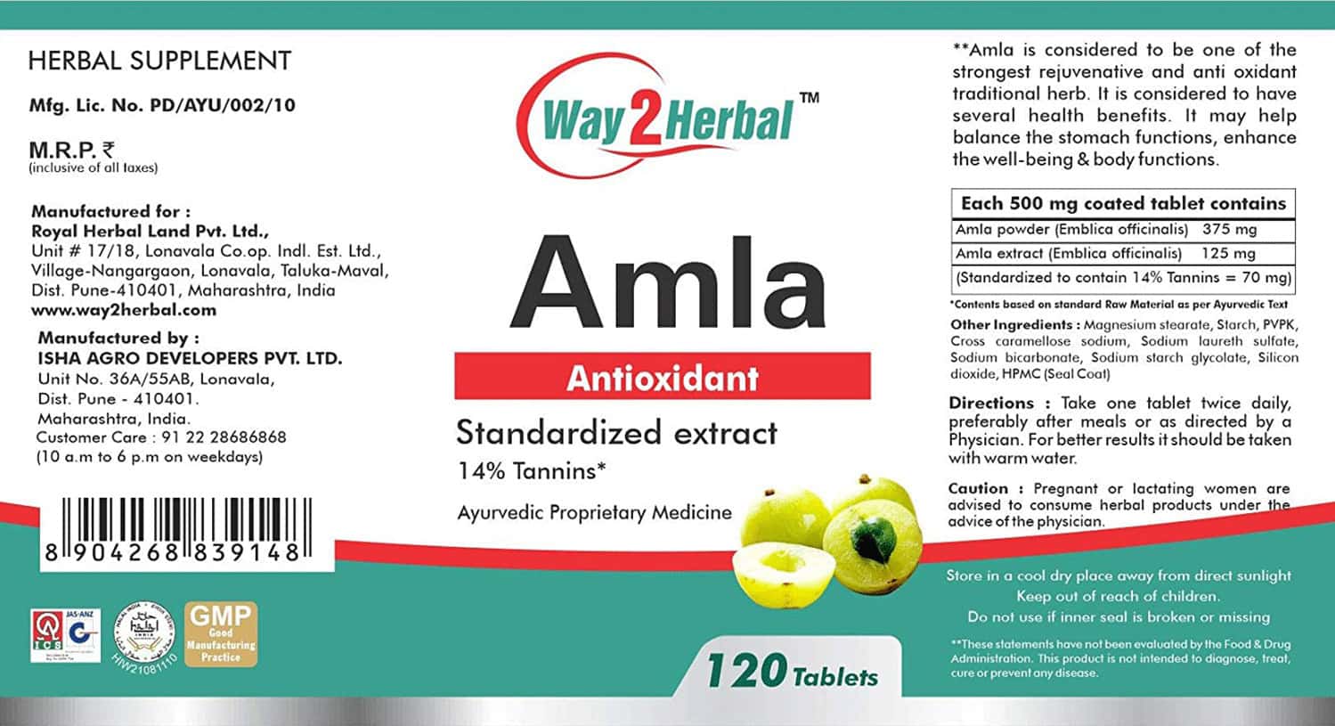 Buy WAY2HERBAL AMLA TABLETS 500MG PER SERVING - 120 TABLETS Online ...