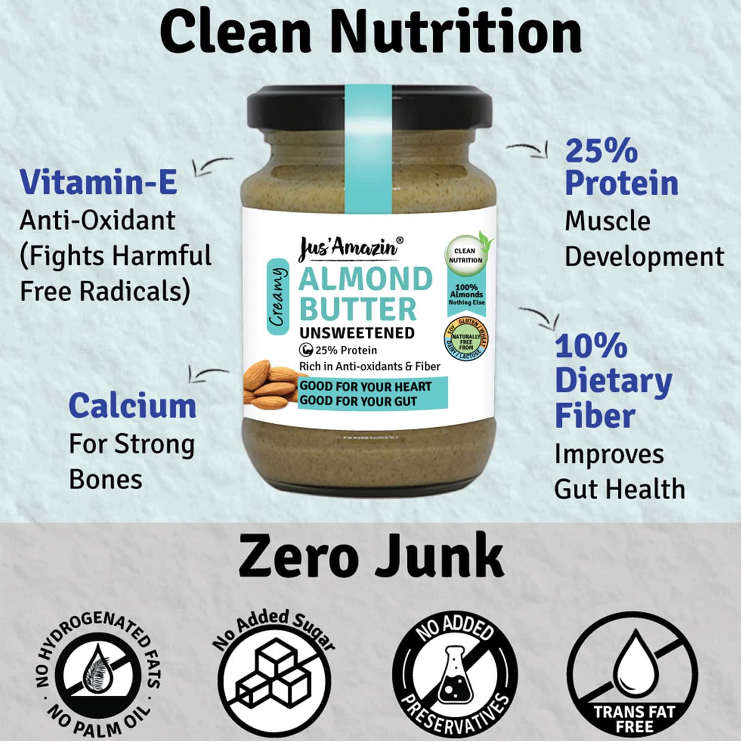 Buy JUS AMAZIN CREAMY ALMOND BUTTER - UNSWEETENED (125G) |CLEAN ...