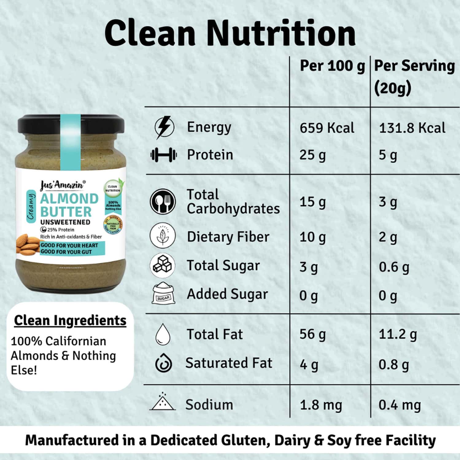 Buy JUS AMAZIN CREAMY ALMOND BUTTER - UNSWEETENED (125G) |CLEAN ...