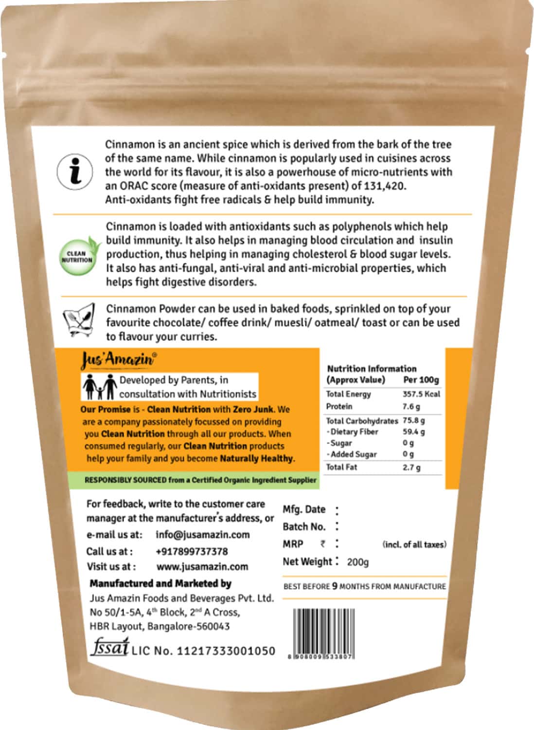 Buy JUS AMAZIN ORGANIC CINNAMON POWDER (200G) CLEAN NUTRITION SUPERFOOD ...