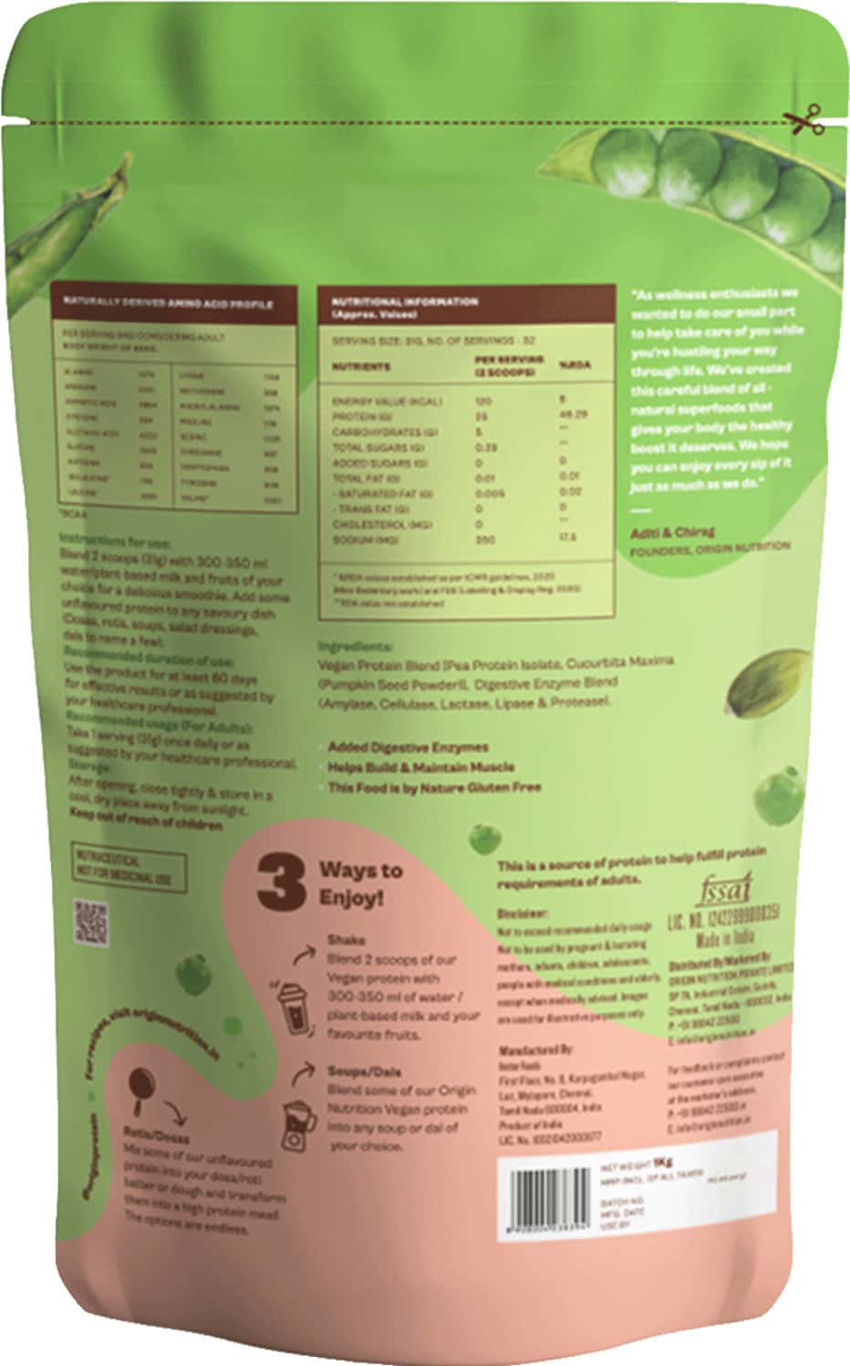 Buy ORIGIN NUTRITION 100% NATURAL VEGAN PLANT PROTEIN POWDER 1KG ...