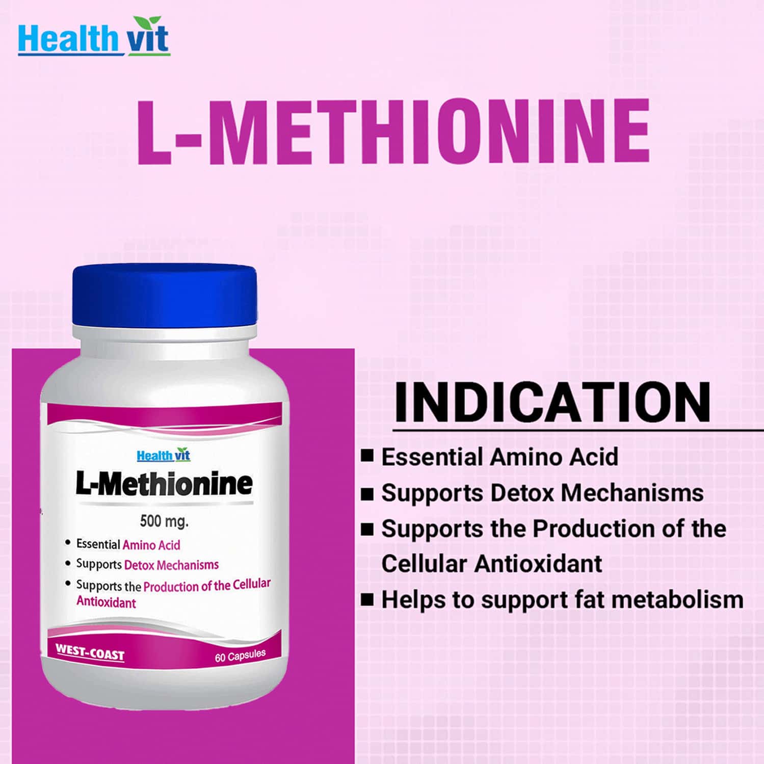 Buy HEALTHVIT L-METHIONINE 500 MG - 60 CAPSULES Online & Get Upto 60% ...