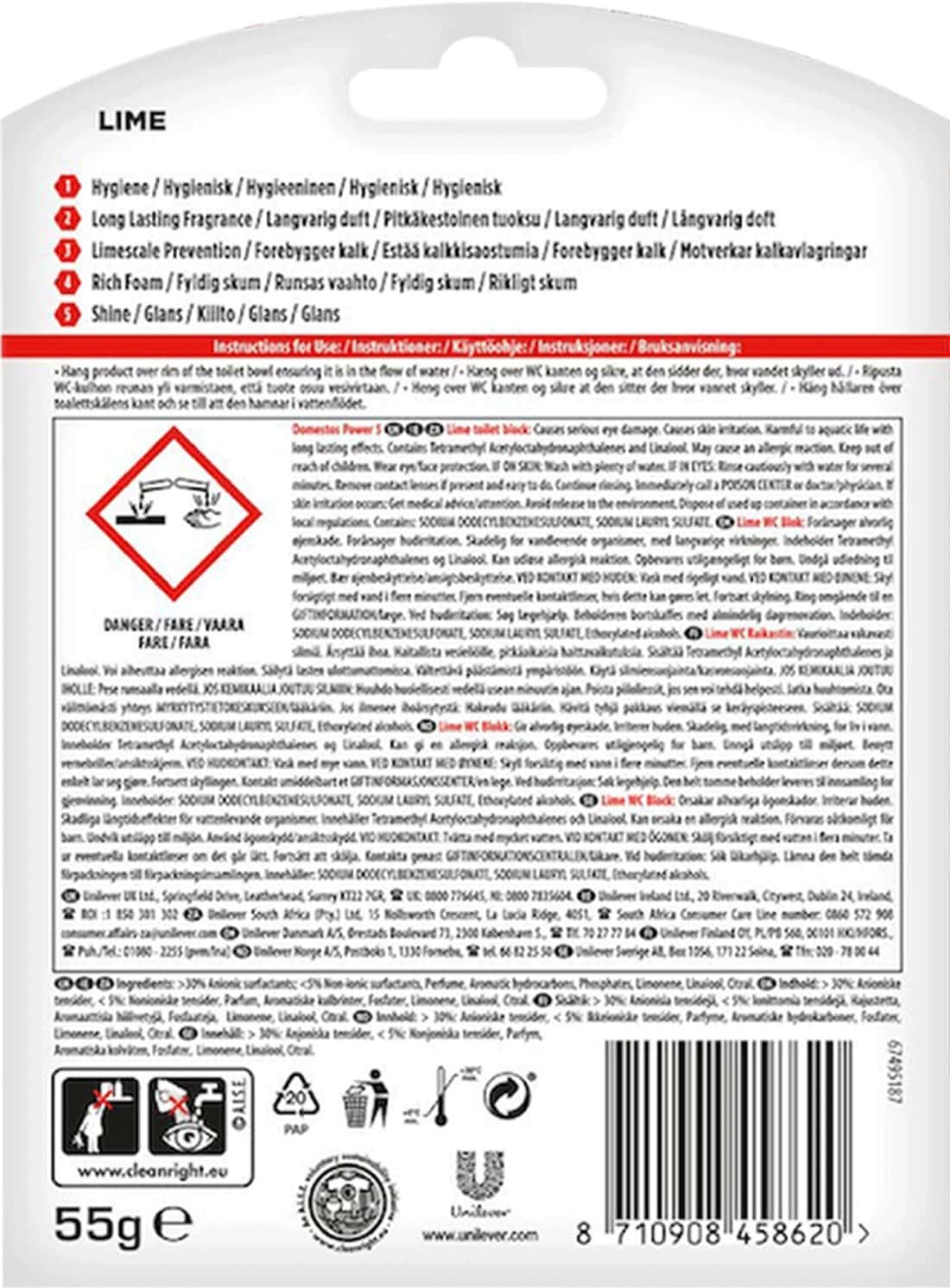 Buy DOMESTOS POWER 5 TOILET RIM BLOCK LIME LIMESCALE REMOVAL WITH LONG ...