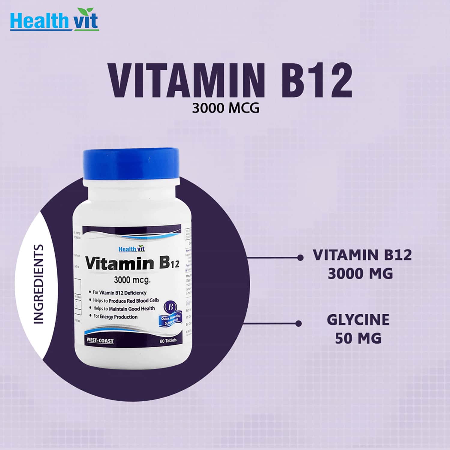 Buy HEALTHVIT VITAMIN B12 METHYLCOBALMIN 3000 MCG - 60 TABLETS Online ...