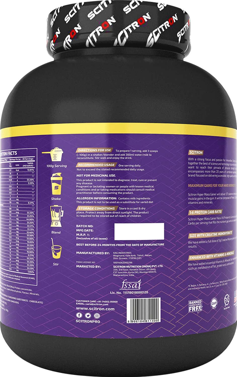 Buy SCITRON NITRO SERIES HYPER MASS GAINER - 3KG (MILK CHOCOLATE ...