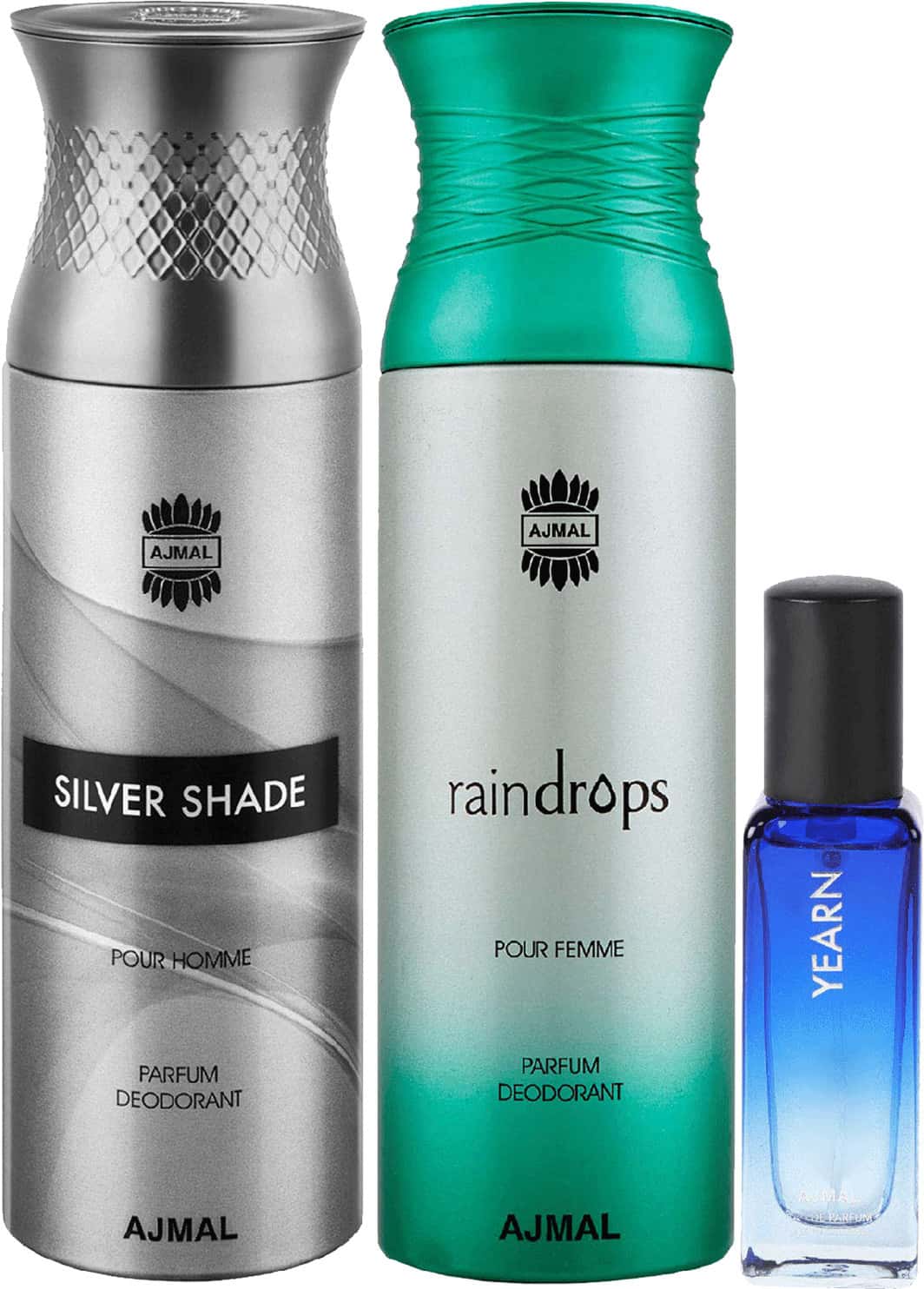 Buy AJMAL SILVER SHADE & RAINDROPS DEO EACH 200ML & ARETHA EDP 20ML ...