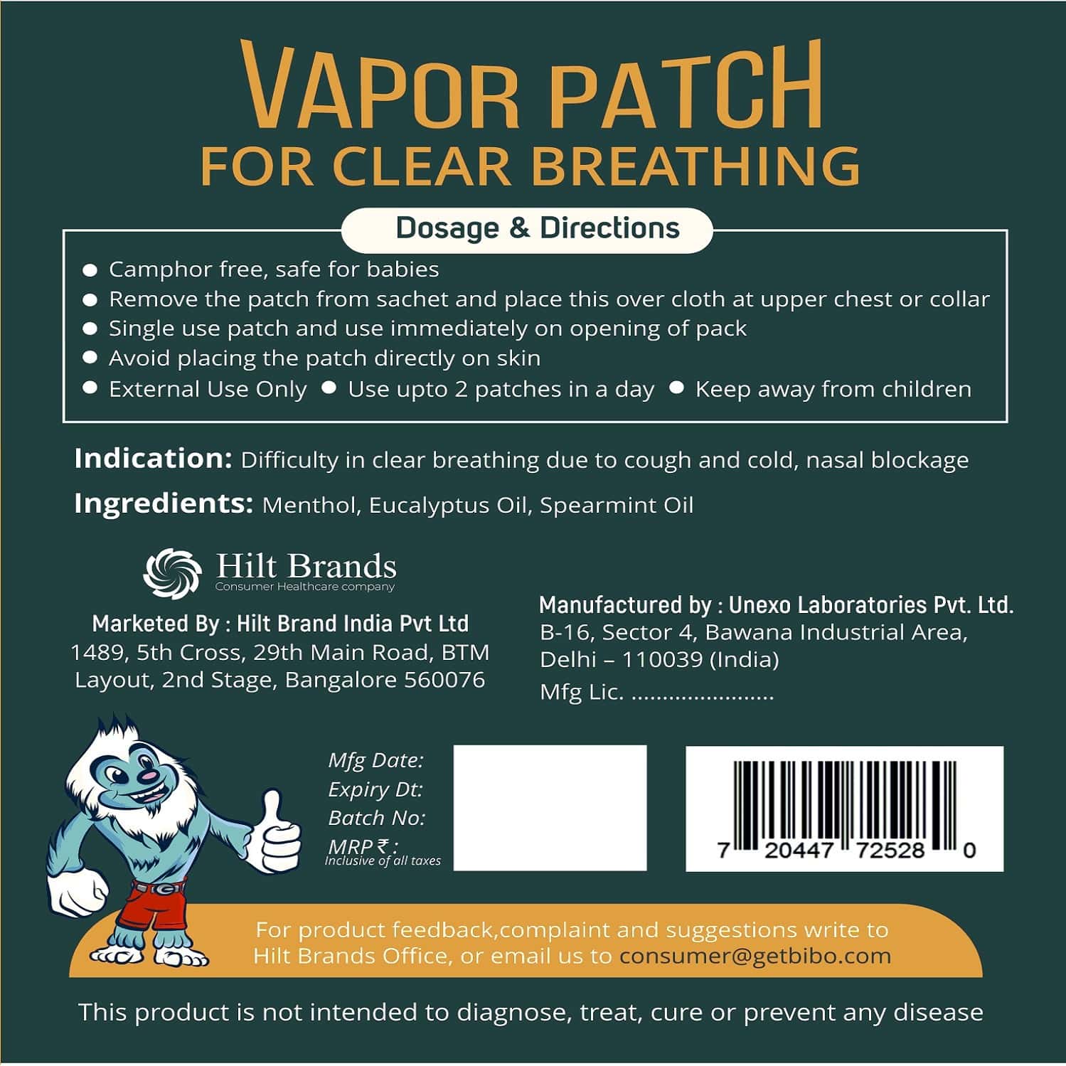 Buy BIBO CLEAR VAPOUR PATCH - A HANDS' FREE INHALER - 1 PACK OF 5 ...