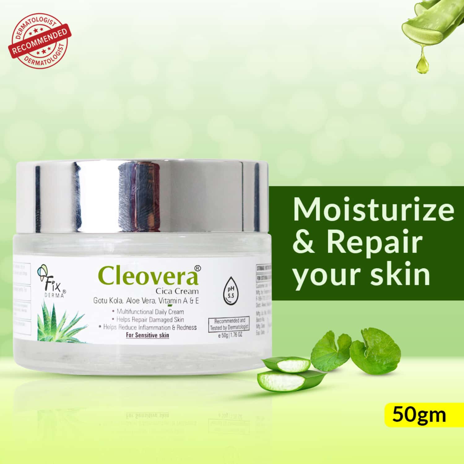 Buy FIXDERMA CLEOVERA CICA CREAM FOR FACE WITH GOTU KOLA, ALOEVERA ...