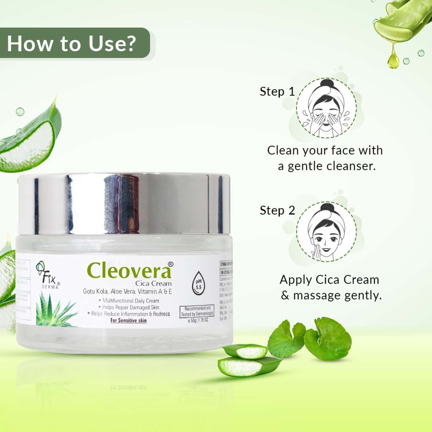 Buy FIXDERMA CLEOVERA CICA CREAM FOR FACE WITH GOTU KOLA, ALOEVERA ...