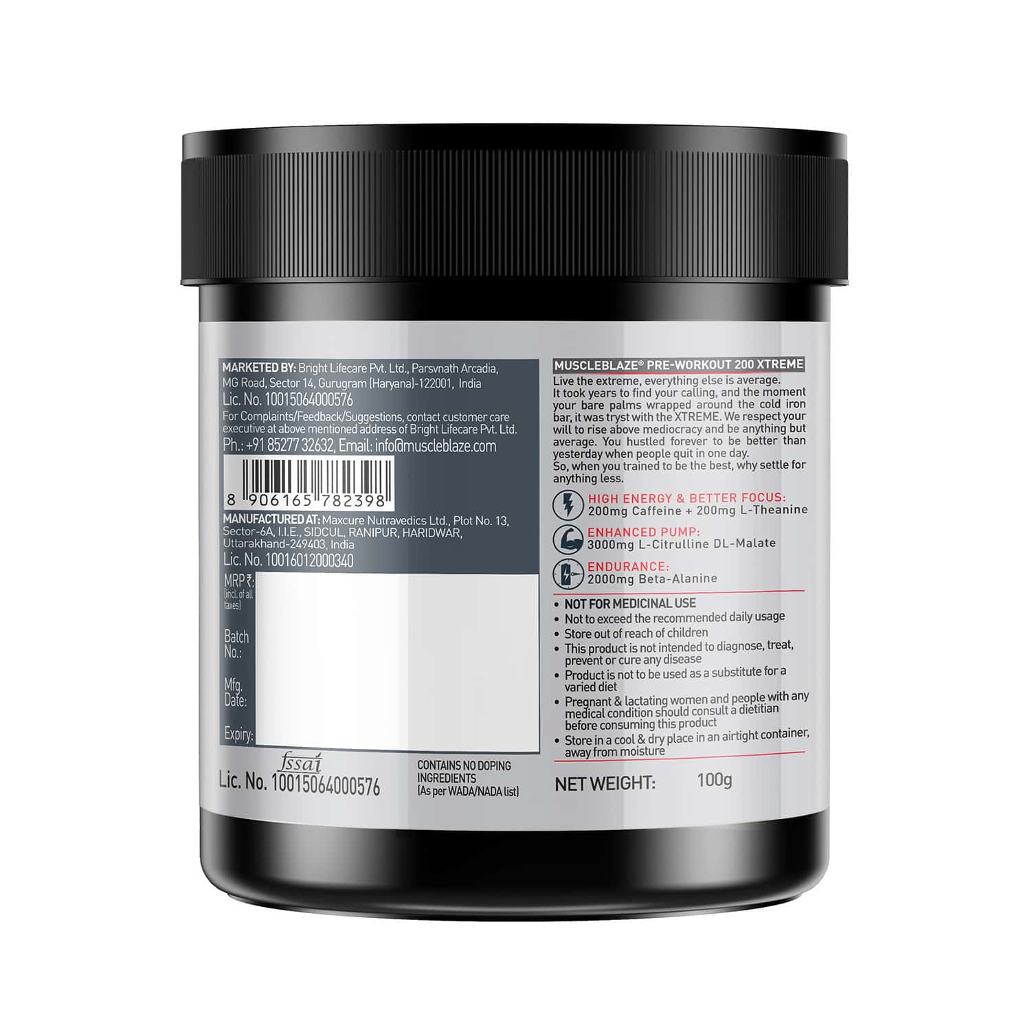 Buy MUSCLEBLAZE PRE WORKOUT 200 XTREME, 200 MG CAFFEINE, 200 MG ...
