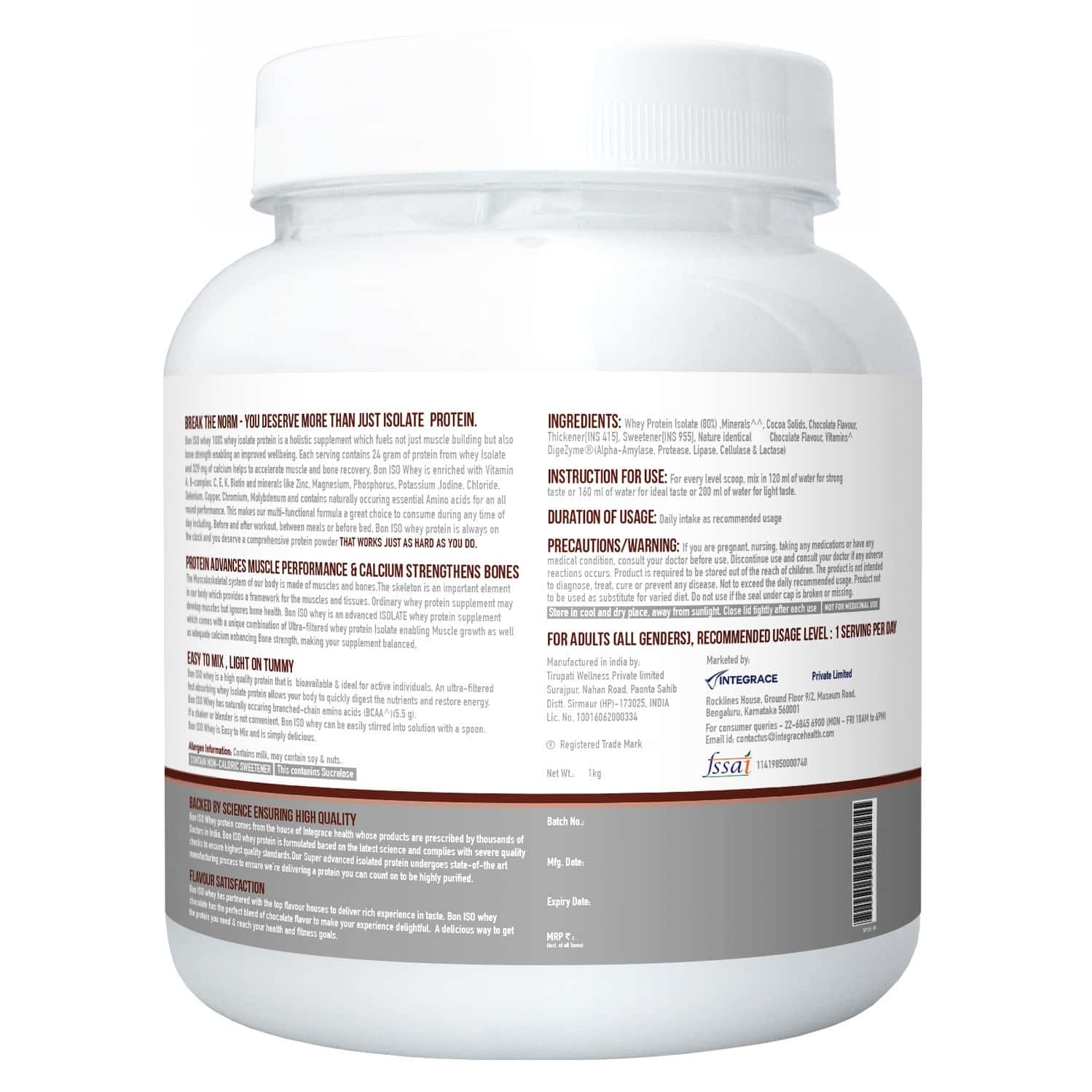 Buy BON ISO WHEY 100% PROTEIN ISOLATE DARK CHOCOLATE POWDER 1KG Online ...