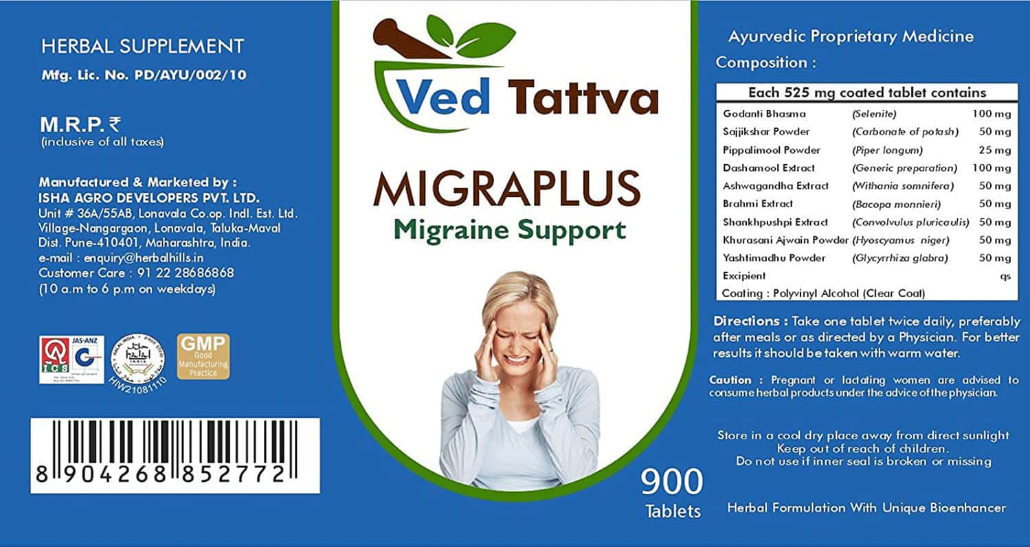 Buy VED TATTVA MIGRAPLUS 900 TABLETS | NATURAL SUPPLEMENT FOR MIGRAINE ...