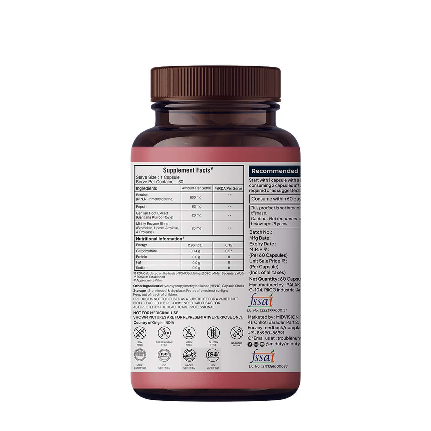 Buy MIDUTY PALAK NOTES BETAINE HCL PEPSIN - BETAINE HYDROCHLORIDE ...