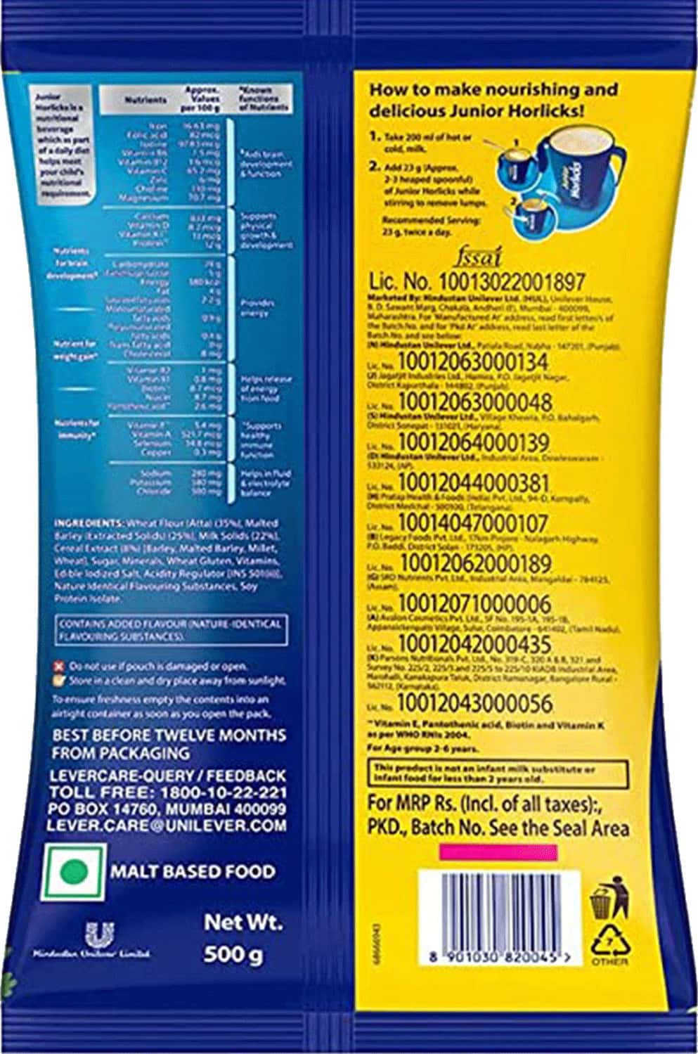 Buy HORLICKS JUNIOR HEALTH & NUTRITION DRINK VANILLA POUCH 500 G Online ...