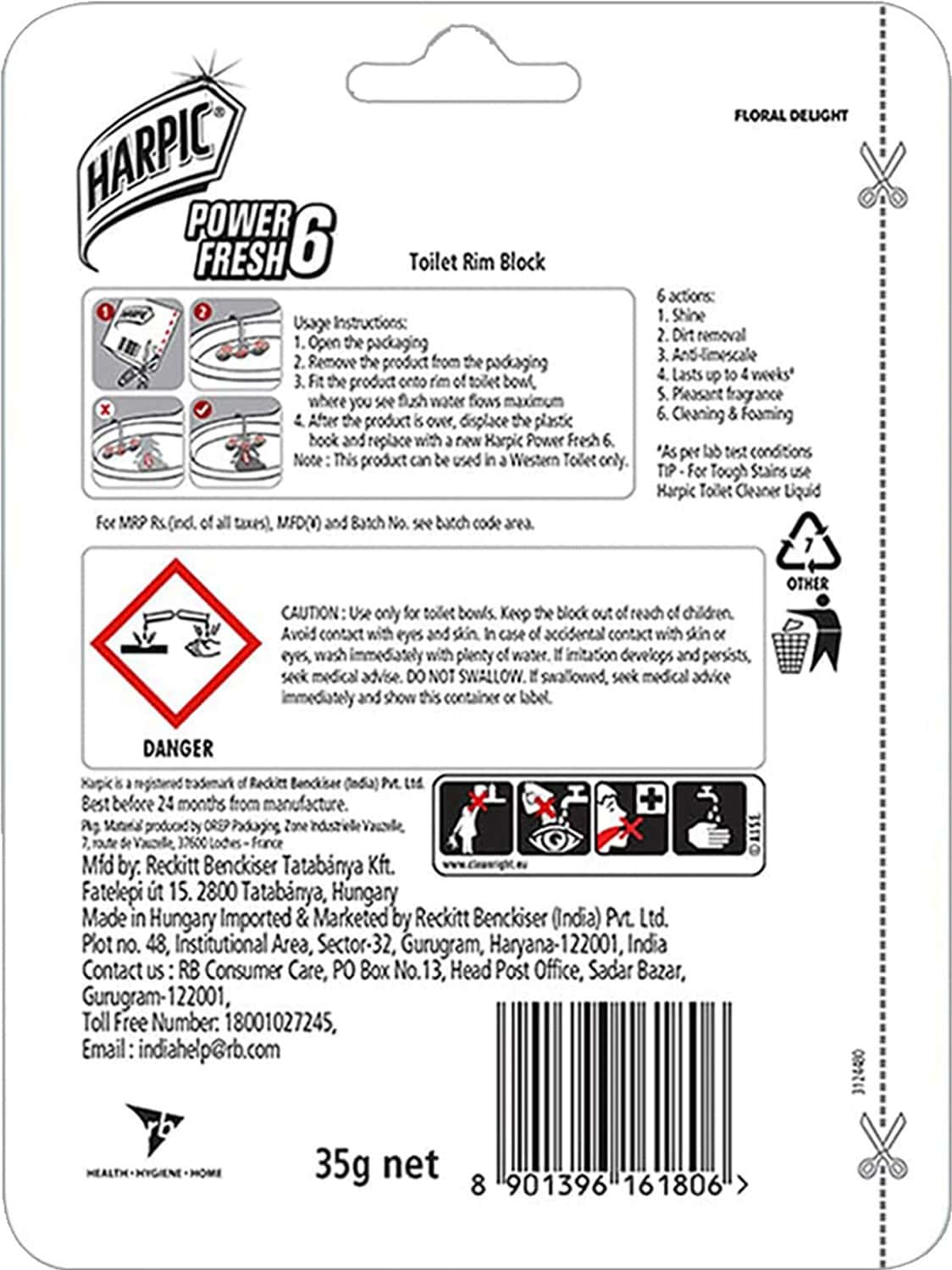 Buy HARPIC POWER FRESH 6 TOILET CLEANER RIM BLOCK, FLORAL DELIGHT - 35 ...