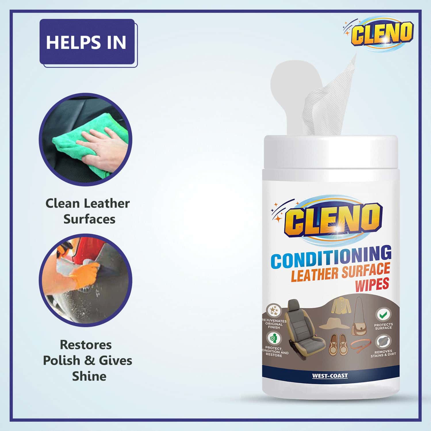 Buy CLENO CONDITIONING LEATHER SURFACE WET WIPES - 50 WIPES (READY TO ...