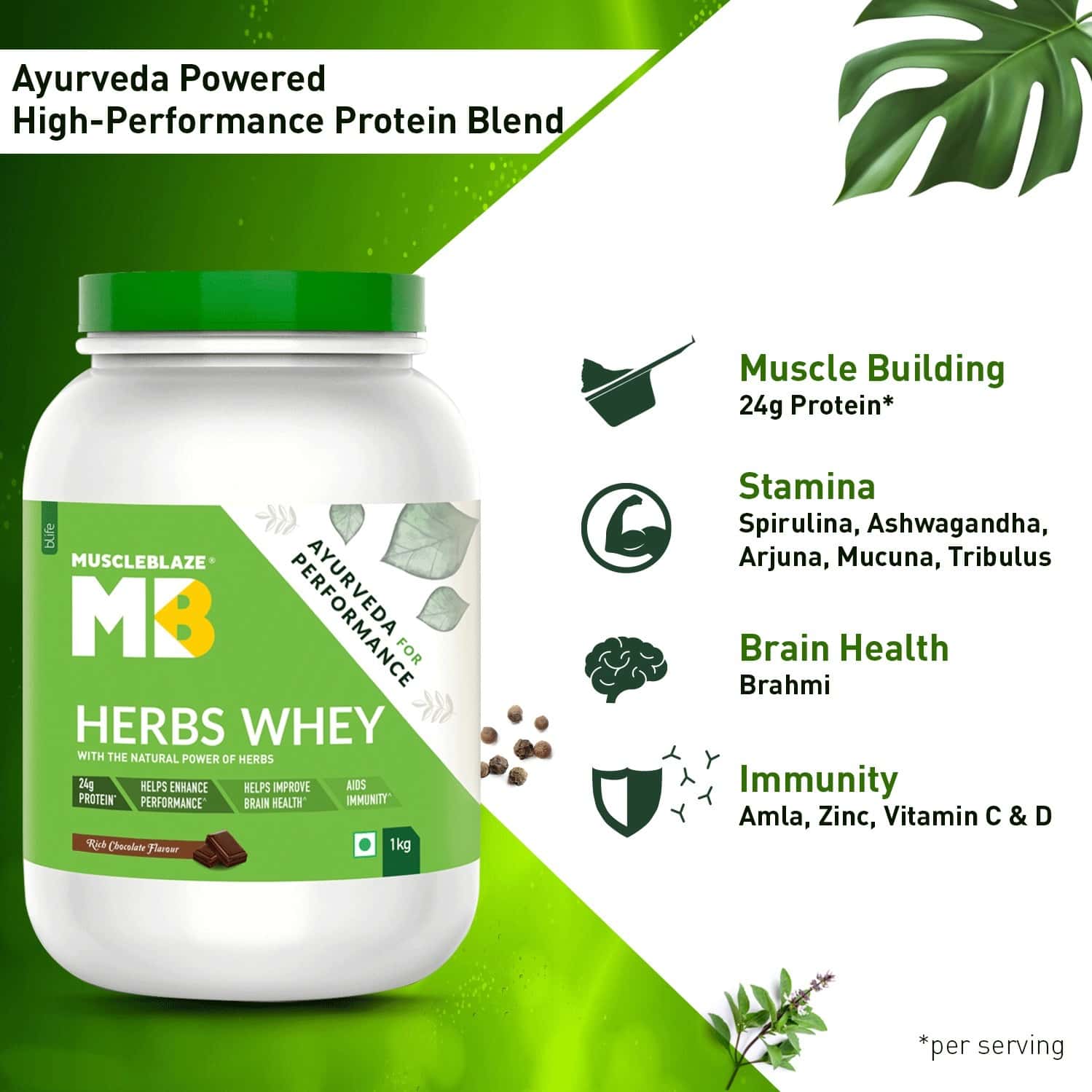 Buy MUSCLEBLAZE HERBS WHEY SUPPLEMENT 1 KG / 2.2 LB CHOCOLATE Online ...