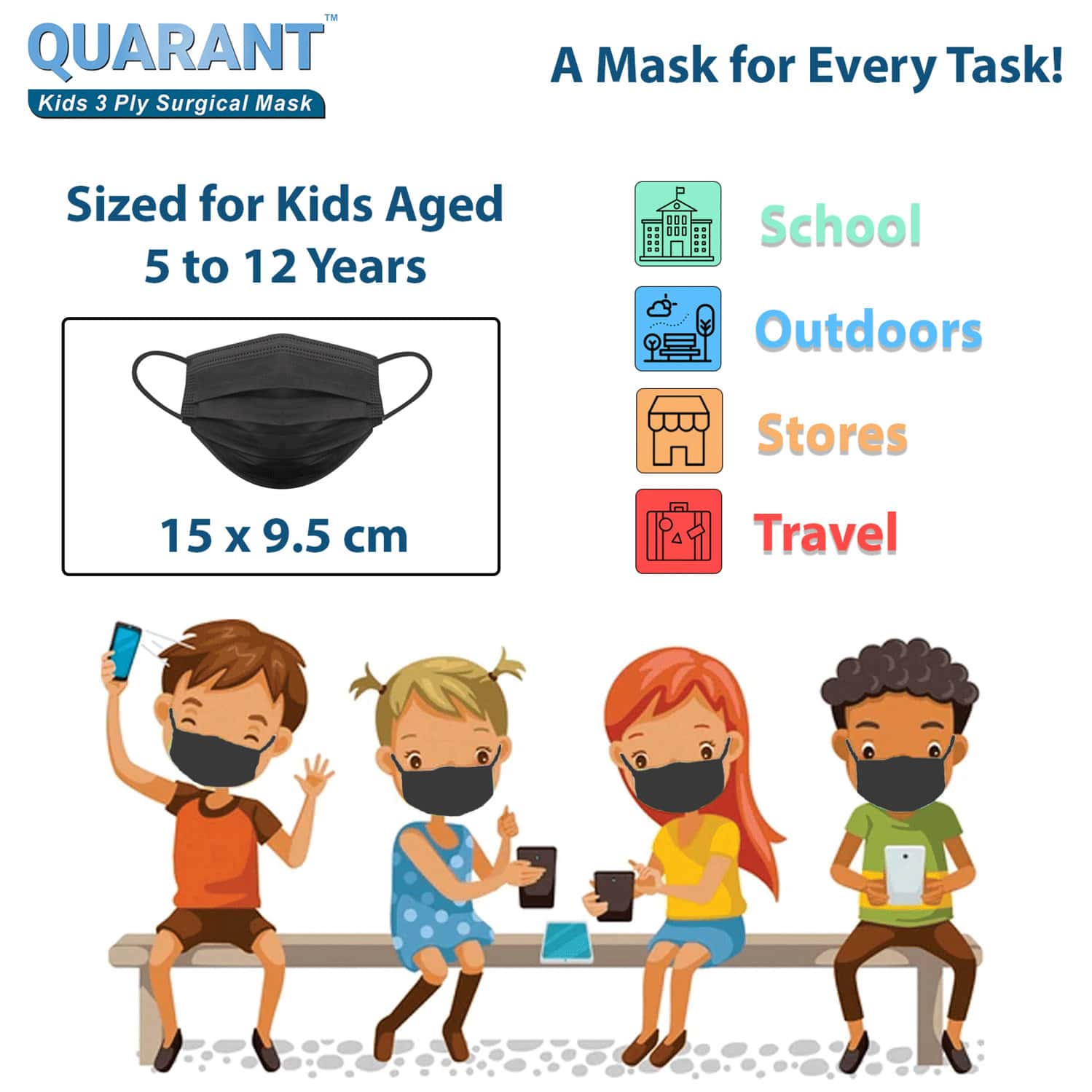 Buy QUARANT KIDS BLACK 3 PLY DISPOSABLE SURGICAL FACE MASK FOR BOYS ...