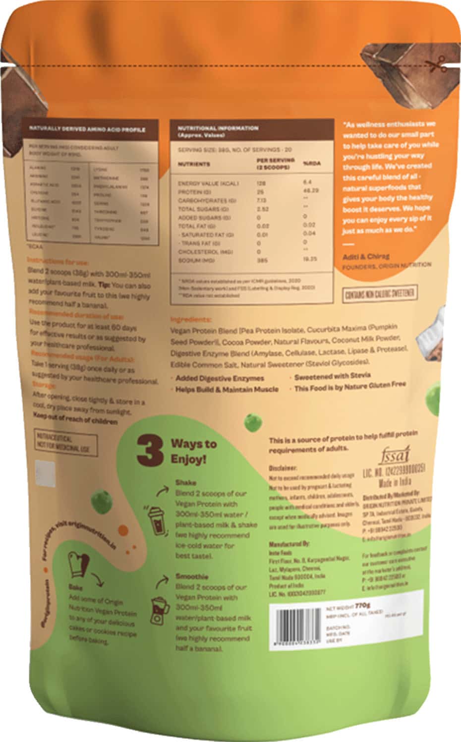 Buy ORIGIN NUTRITION 100% NATURAL PLANT PROTEIN POWDER 770G CHOCOLATE ...