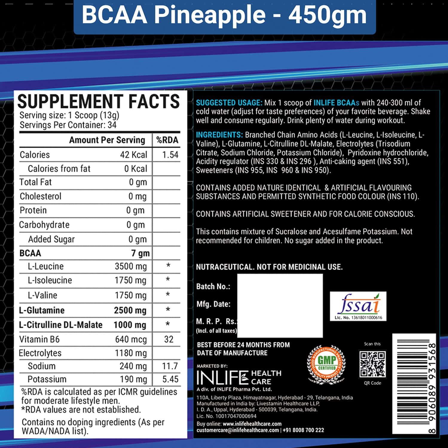 Buy INLIFE BCAA SUPPLEMENT 7G AMINO ACIDS INSTANTIZED FOR PRE POST ...