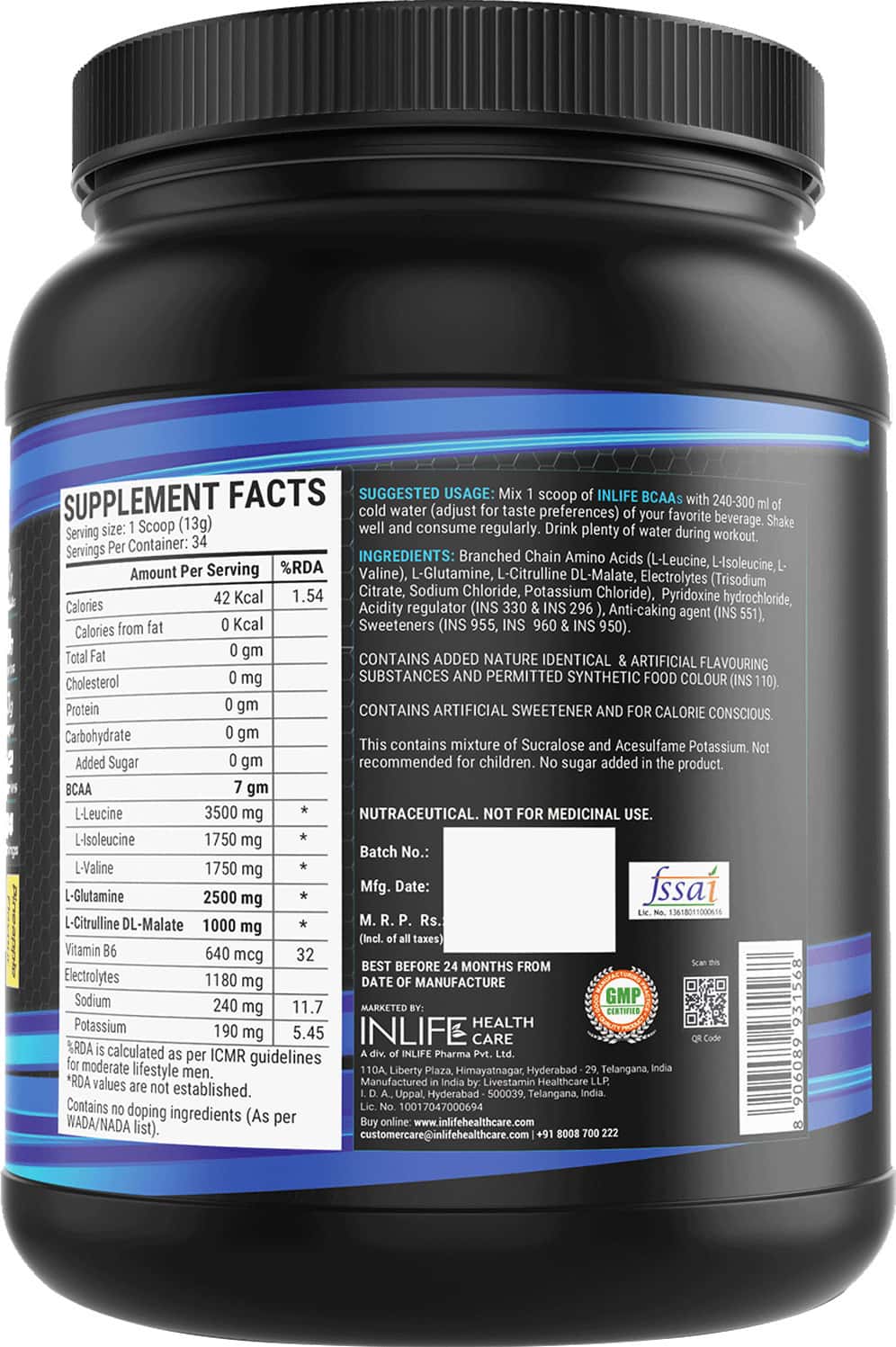 Buy INLIFE BCAA SUPPLEMENT 7G AMINO ACIDS INSTANTIZED FOR PRE POST ...