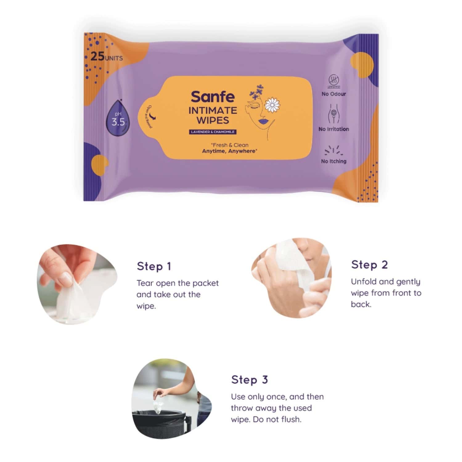 Buy SANFE INTIMATE WIPES- PACK OF 25 I LAVENDER & CHAMOMILE Online ...