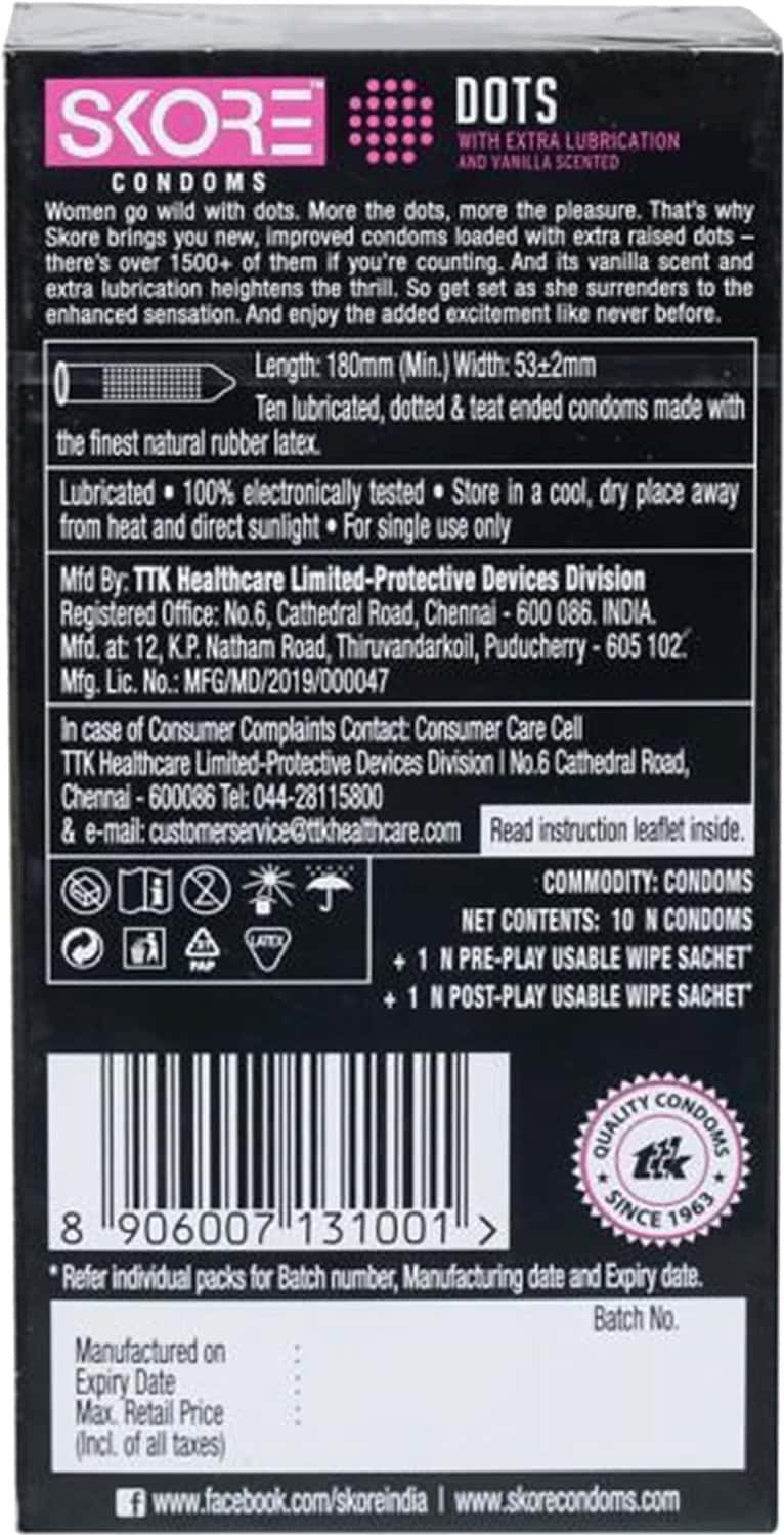 Buy SKORE CONDOMS 1500+ DOTS WITH EXTRA LUBRICATION & VANILLA SCENTED - 10'S WITH FREE 2 ...