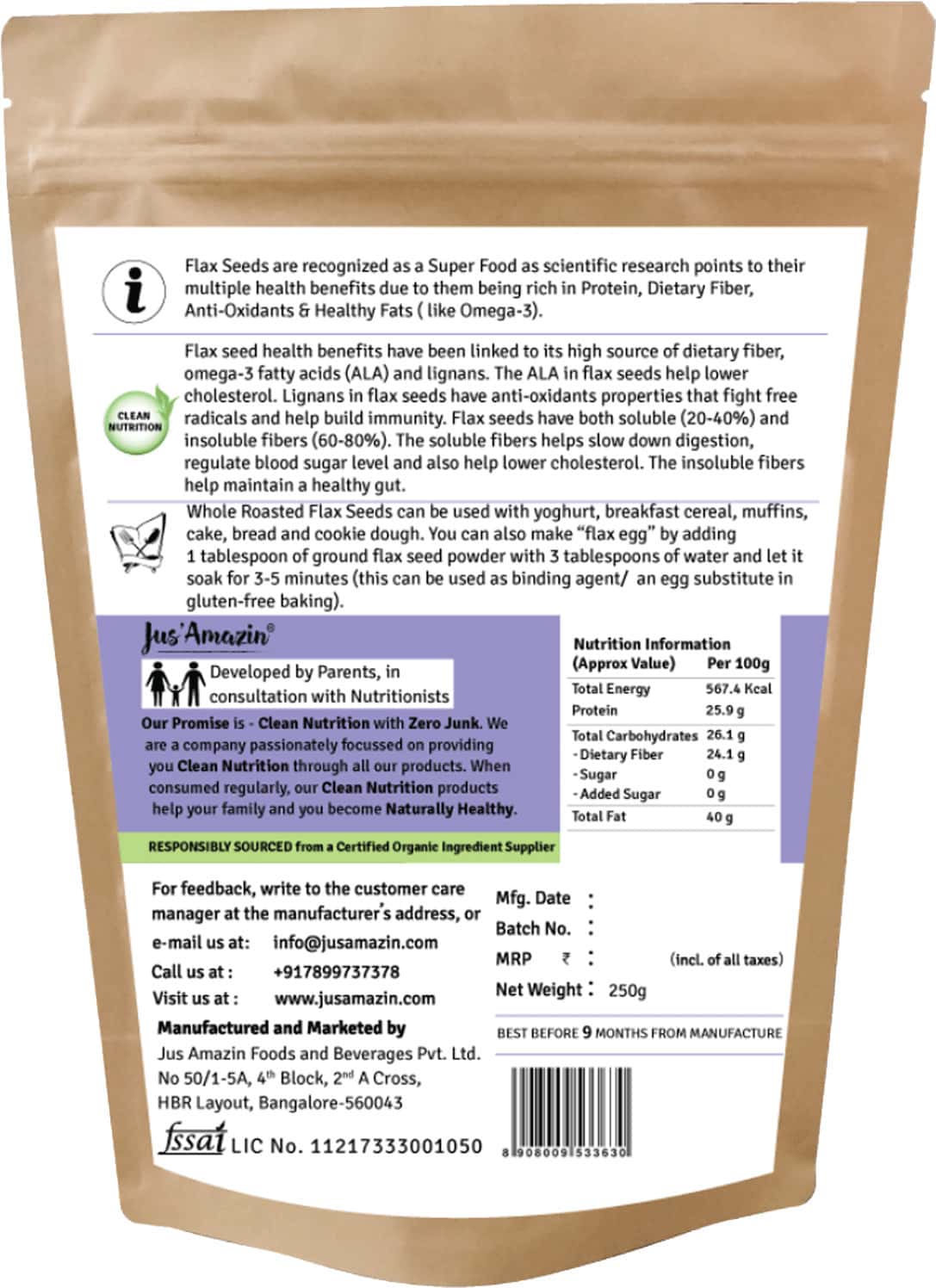 Buy JUS AMAZIN ROASTED ORGANIC FLAX SEEDS (250G) CLEAN NUTRITION ...