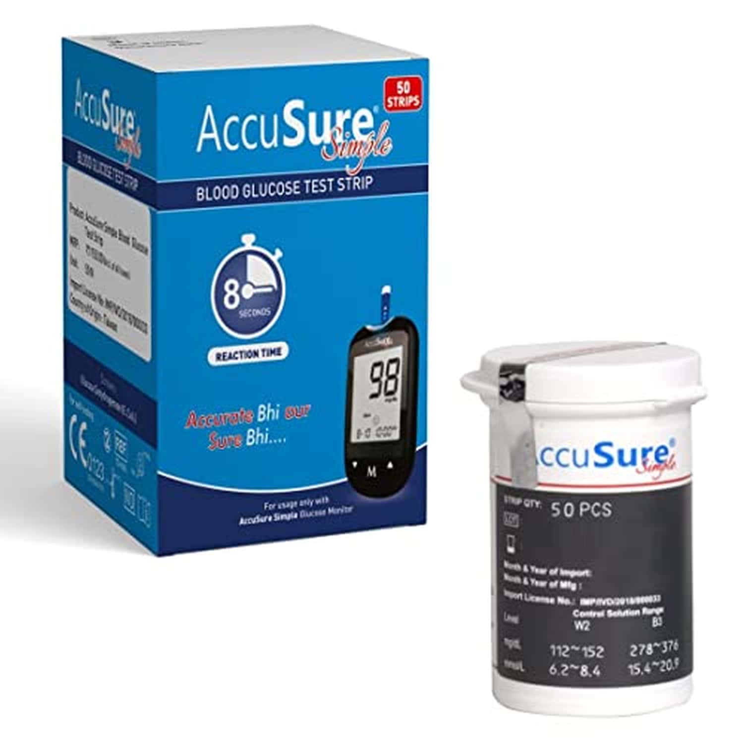 Buy ACCUSURE SIMPLE BLOOD GLUCOSE TEST STRIP - 50 STRIPS WITH 100 KALOR ...