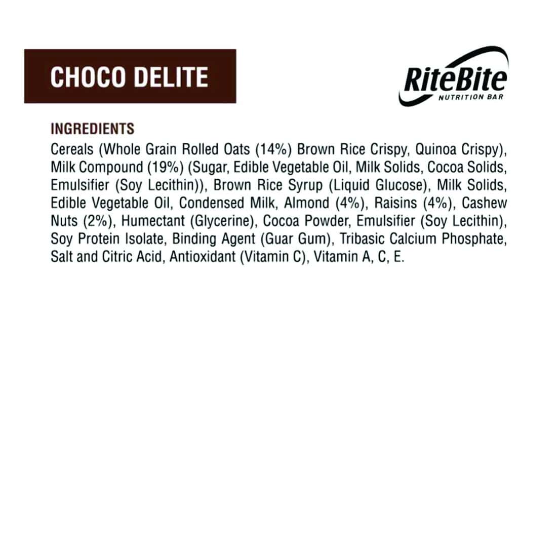 Buy RITEBITE CHOCO DELITE BREAKFAST & NUTRITION BAR 40G - PACK OF 1 Online & Get Upto 60% OFF at ...