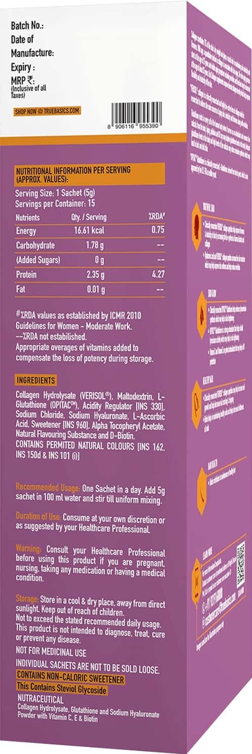 Buy TRUEBASICS COLLAGEN SKIN WITH L-GLUTATHIONE BIOTIN (ORANGE 15 ...