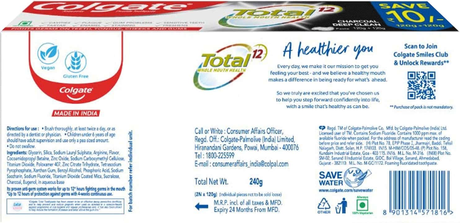 Buy COLGATE TOTAL WHOLE MOUTH HEALTH(CHARCOAL DEEP CLEAN SAVER PACK ...