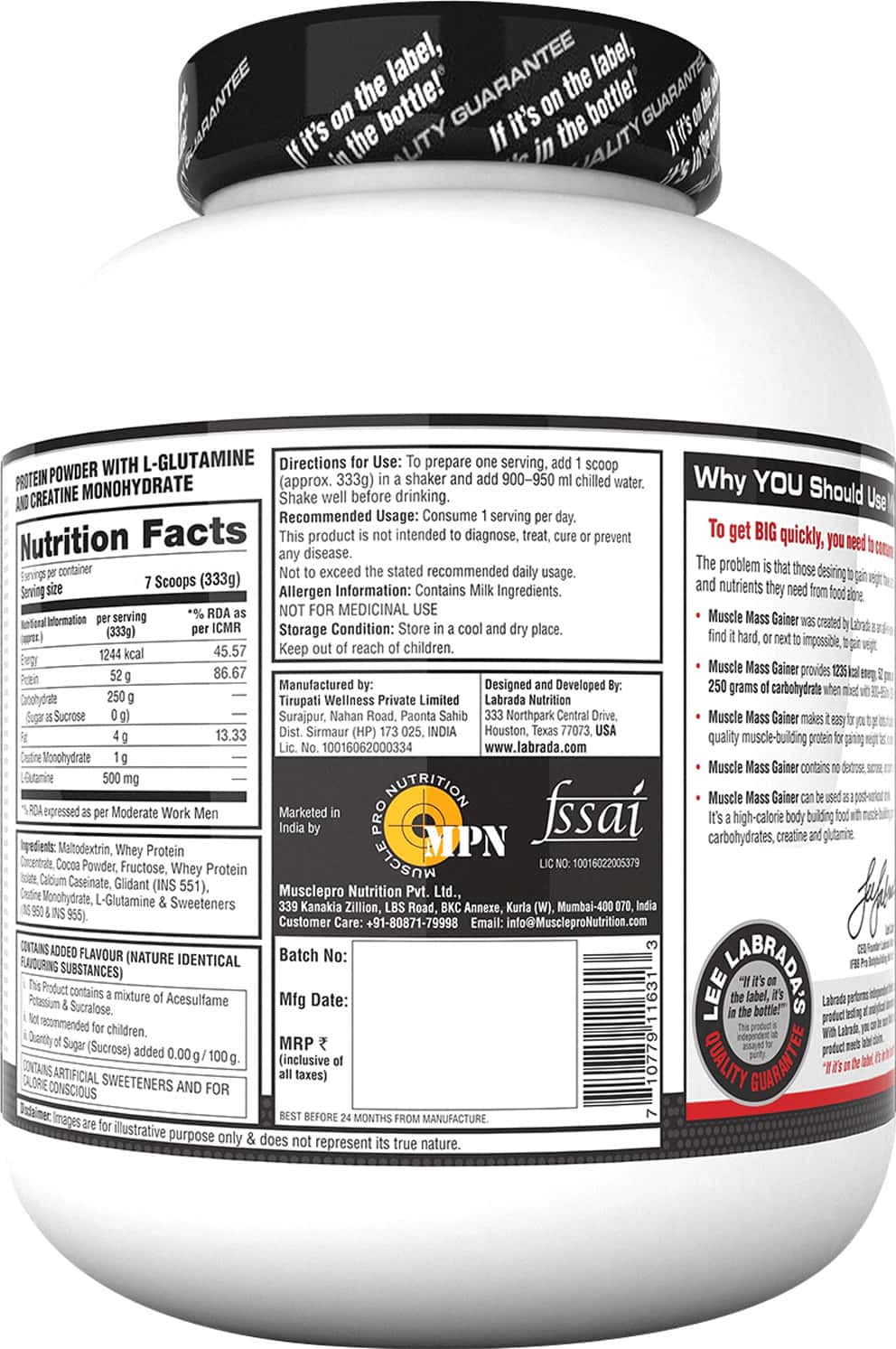 Buy LABRADA MUSCLE MASS GAINER POWDER - 6.6 LBS (3 KG) (CHOCOLATE ...