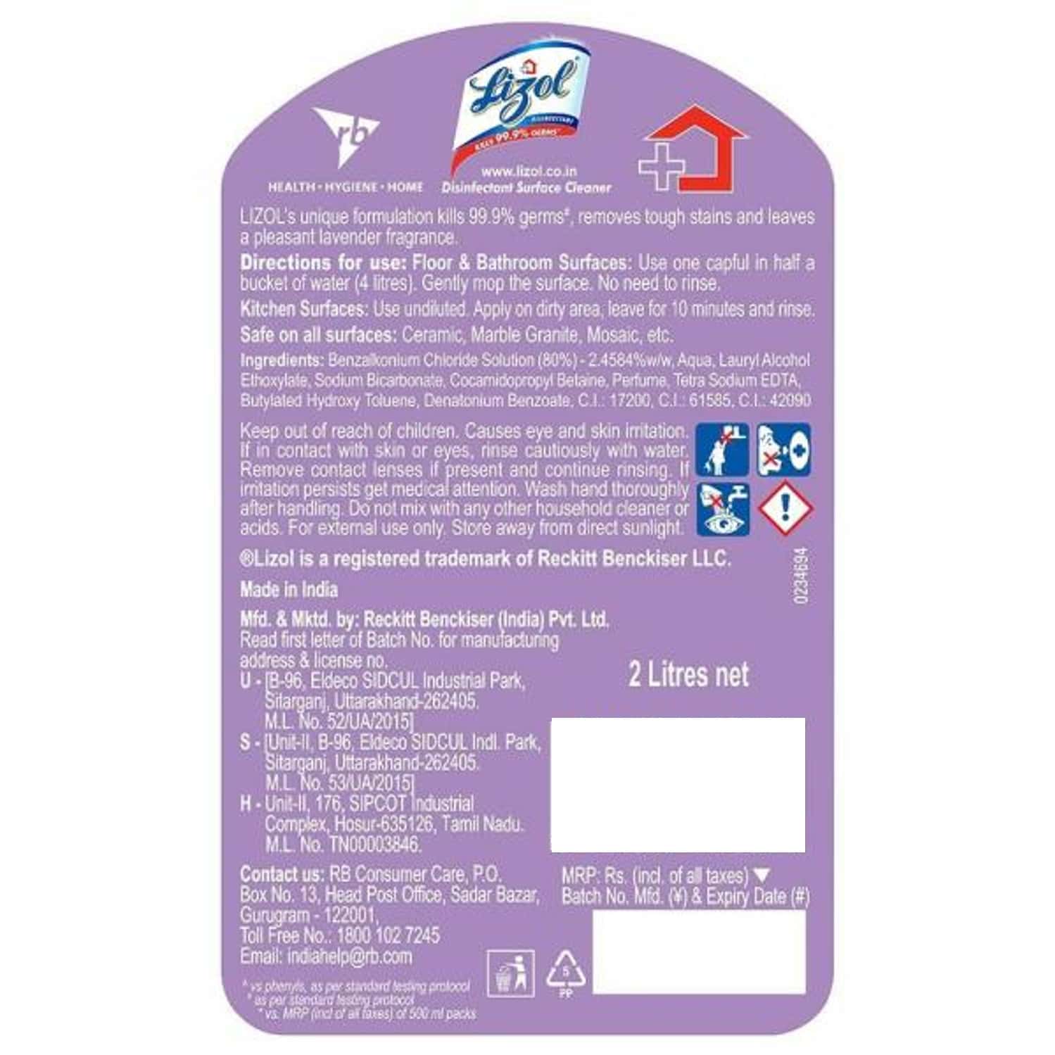 Buy LIZOL DISINFECTANT SURFACE CLEANER LAVENDER - 2L Online & Get Upto ...