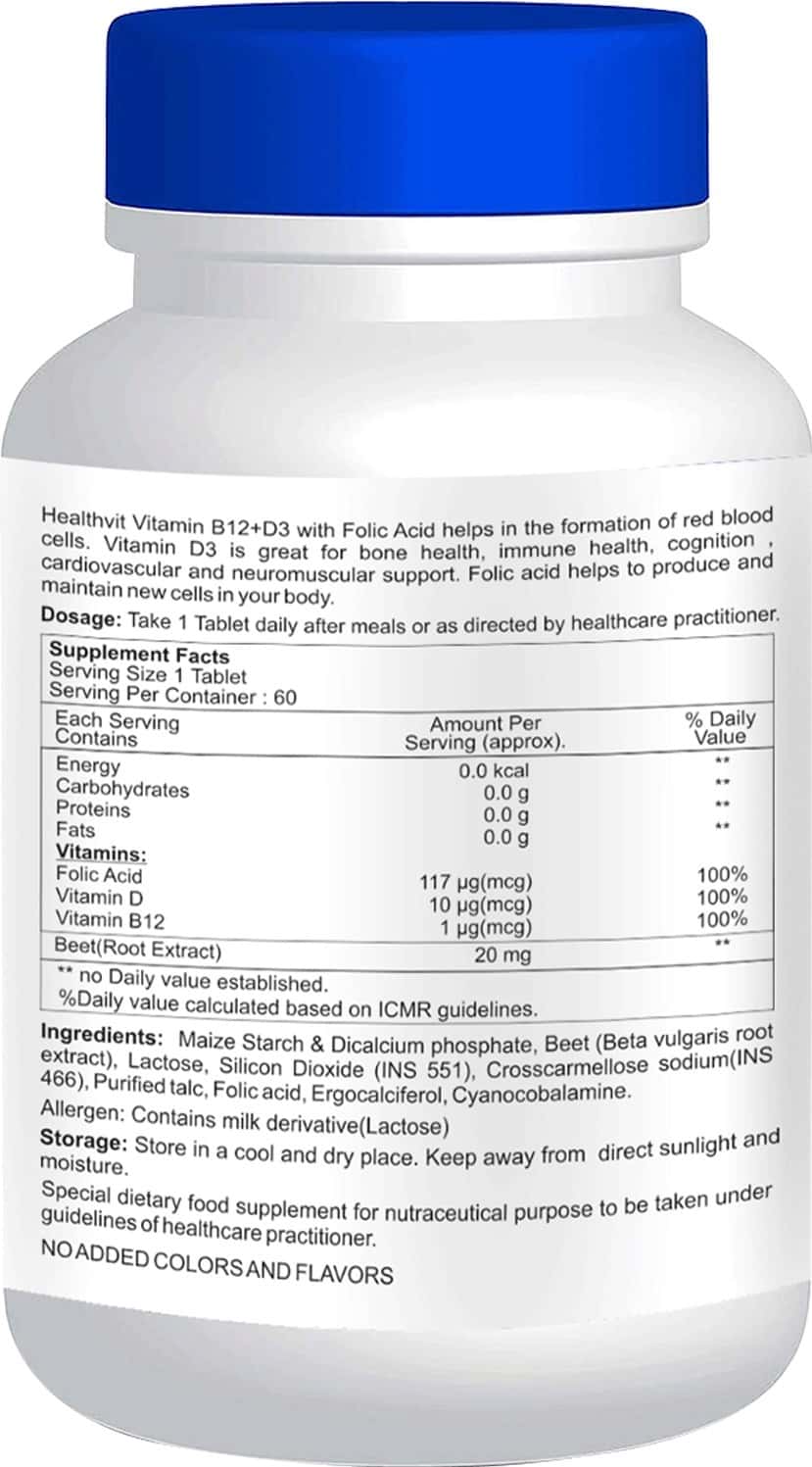 Buy HEALTHVIT VITAMIN B12+D WITH FOLIC ACID - 60 TABLETS Online & Get ...